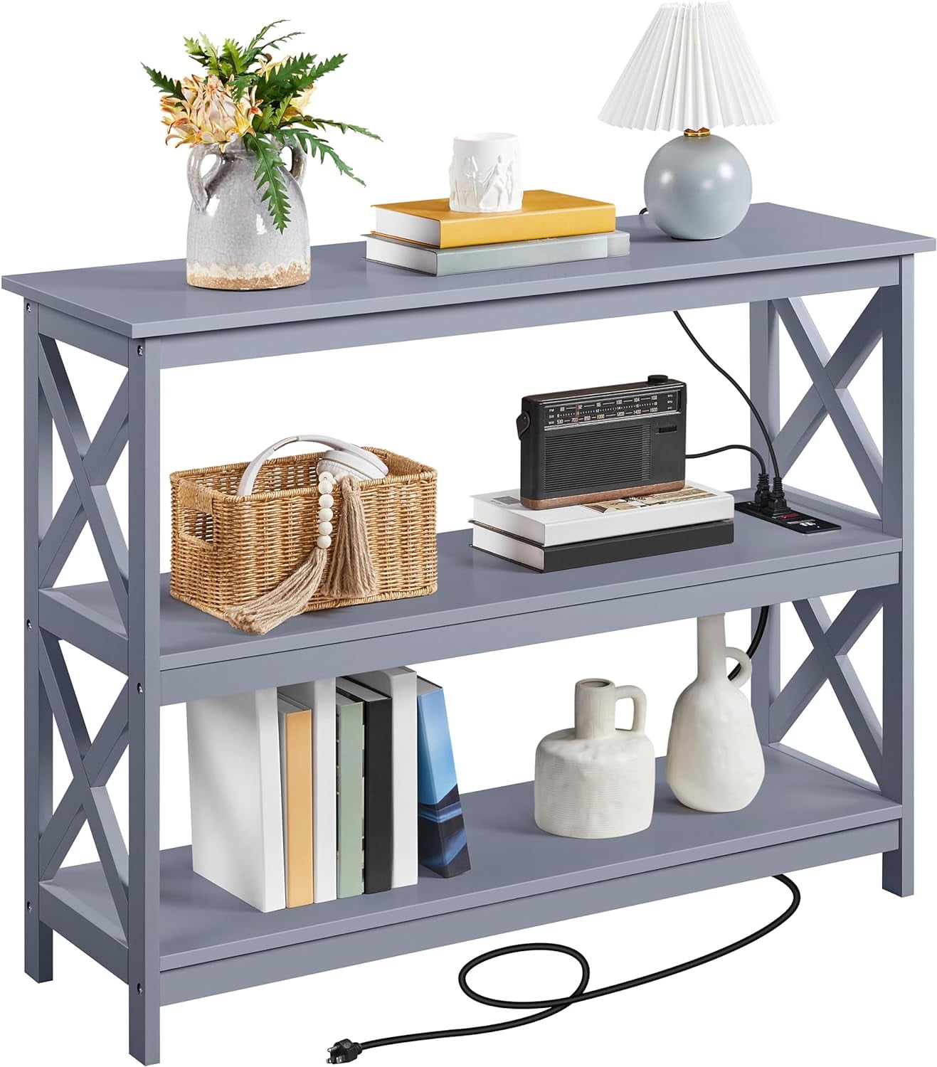 Console Table with Power Outlet, 3 Tier Narrow Sofa Couch Table with ...