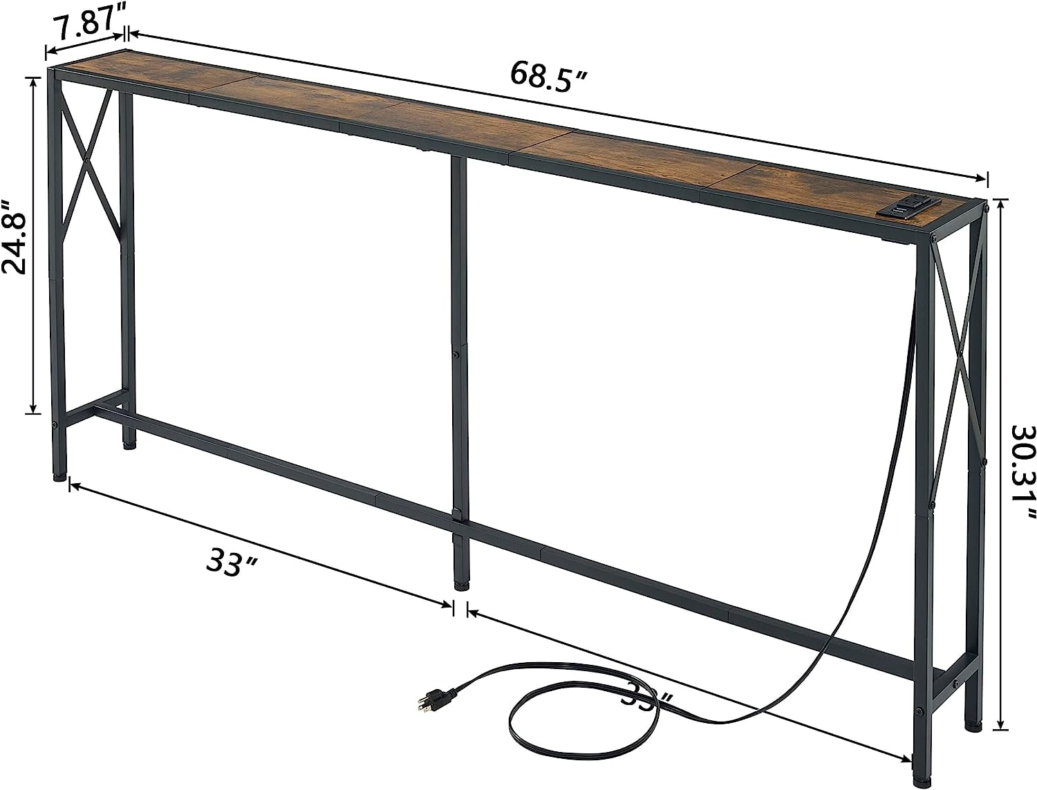 Console Table with Power Outlets, 68.5" Narrow Sofa Table with Charging ...
