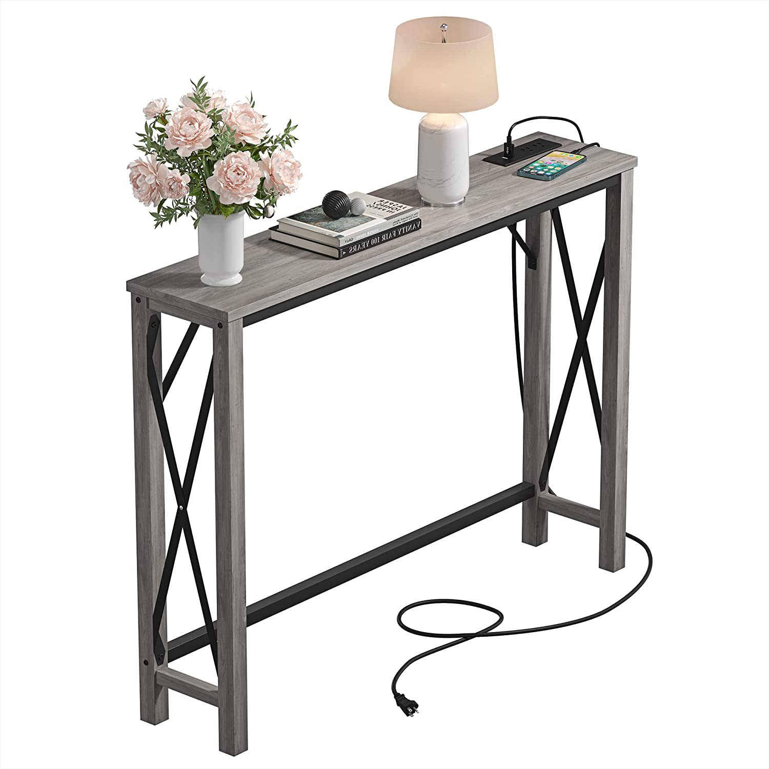 Console Table with Power Outlets & USB Ports, Narrow Sofa Table with ...