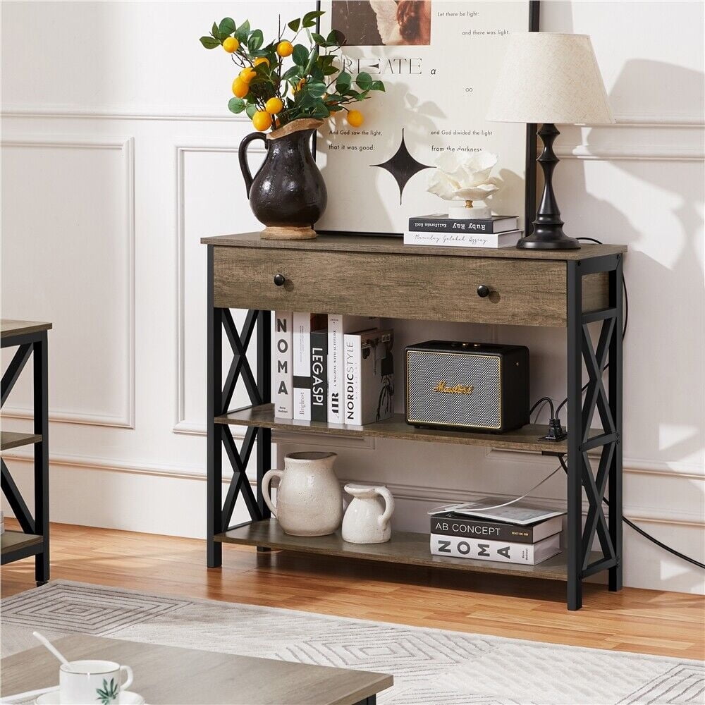 Console Table with Power Outlets and, Industrial Entryway Table with ...