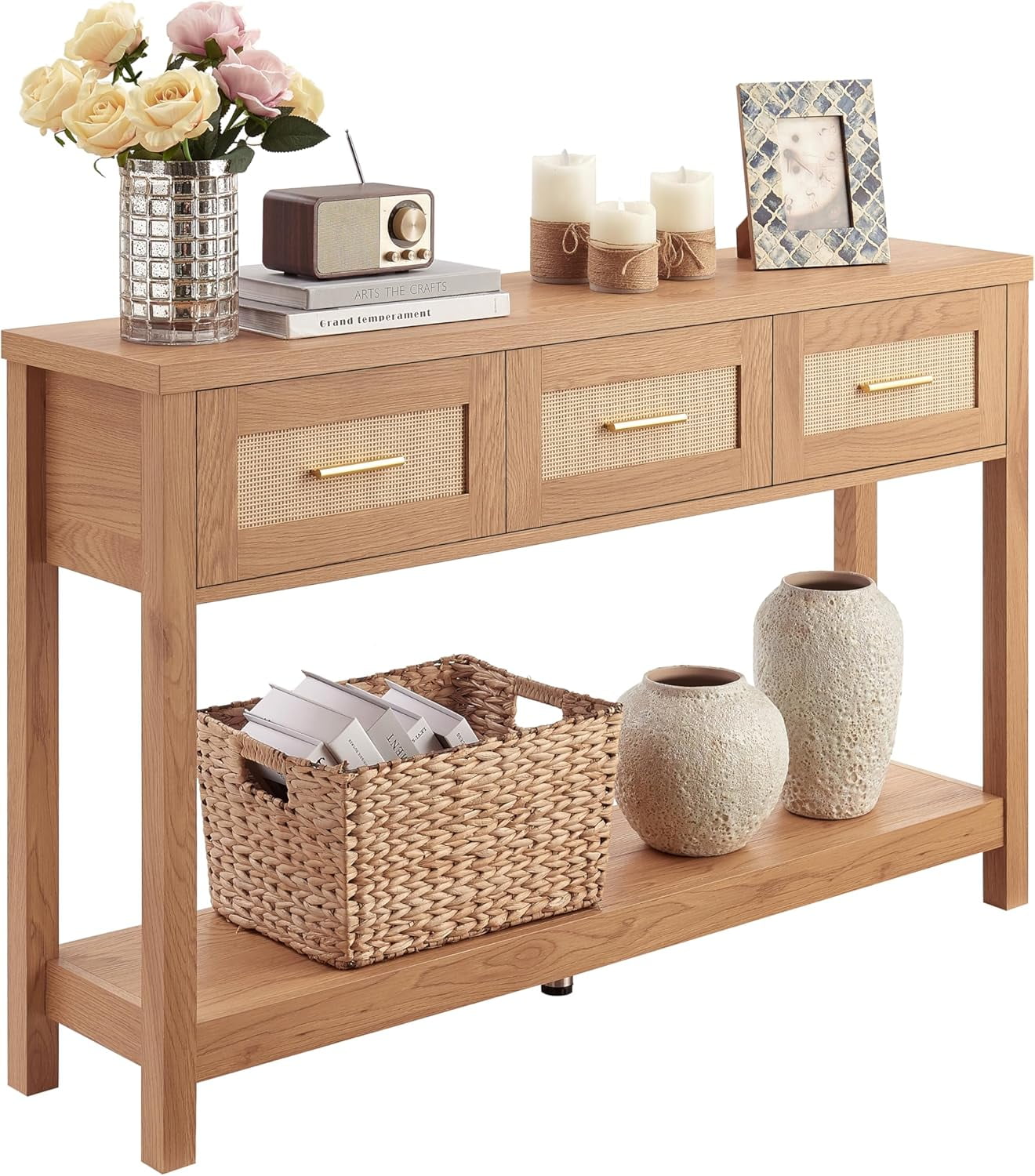 Console Table with Rattan 3 Drawers, Boho Entryway Table with Storage ...