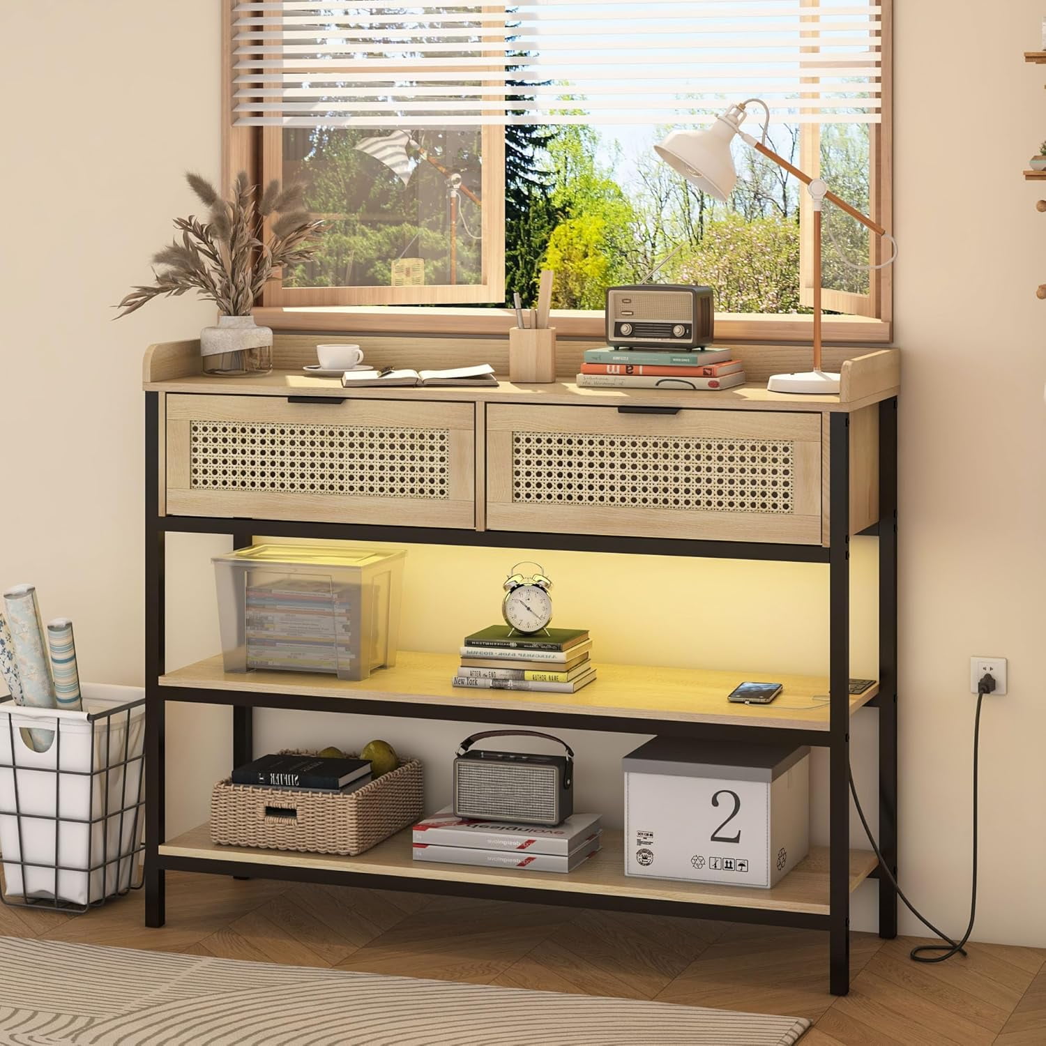 Console Table with Rattan Drawers Entryway Table with Outlets and USB ...