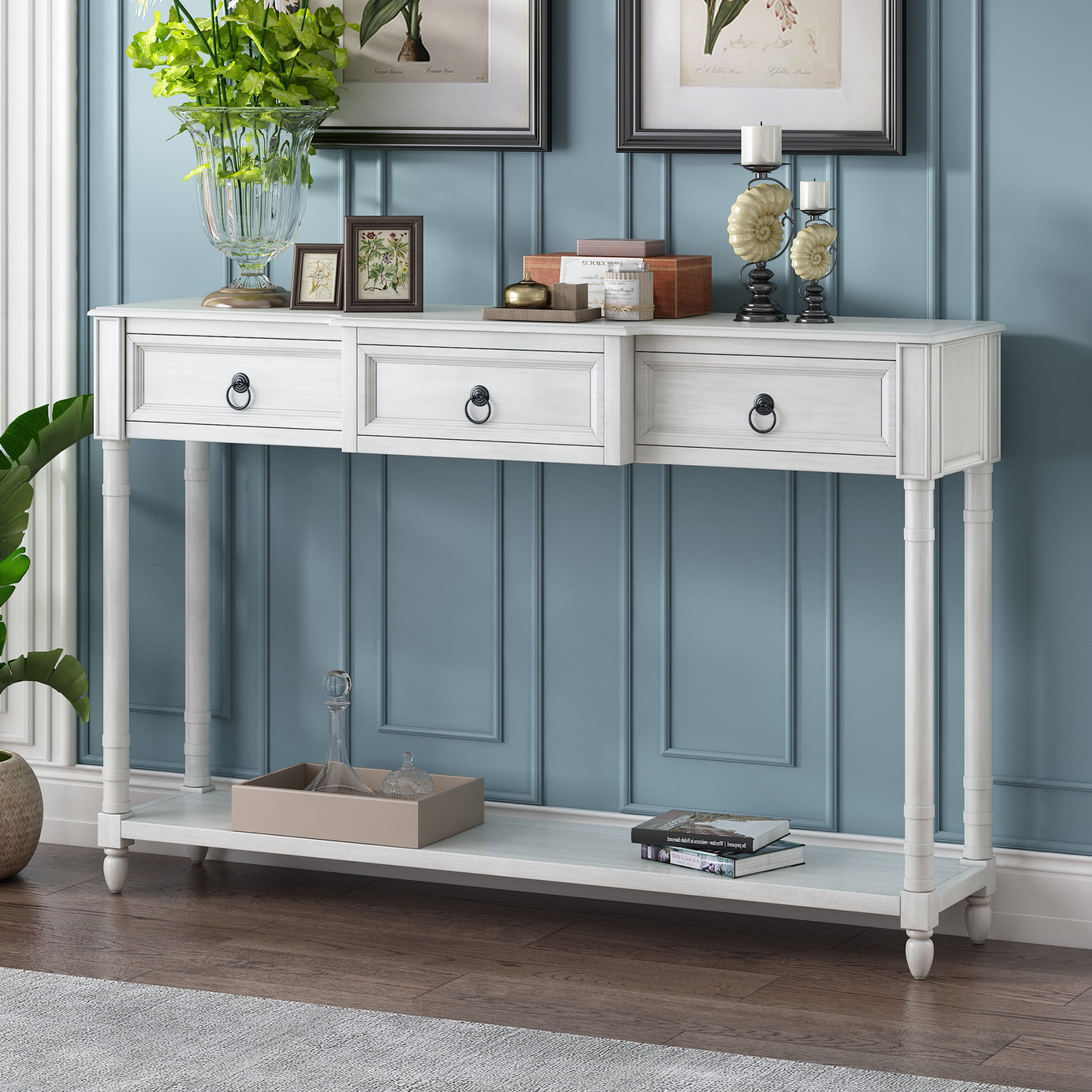 Console Table Sofa Table with Drawers for Entryway with Projecting Drawers and Long Shelf ...