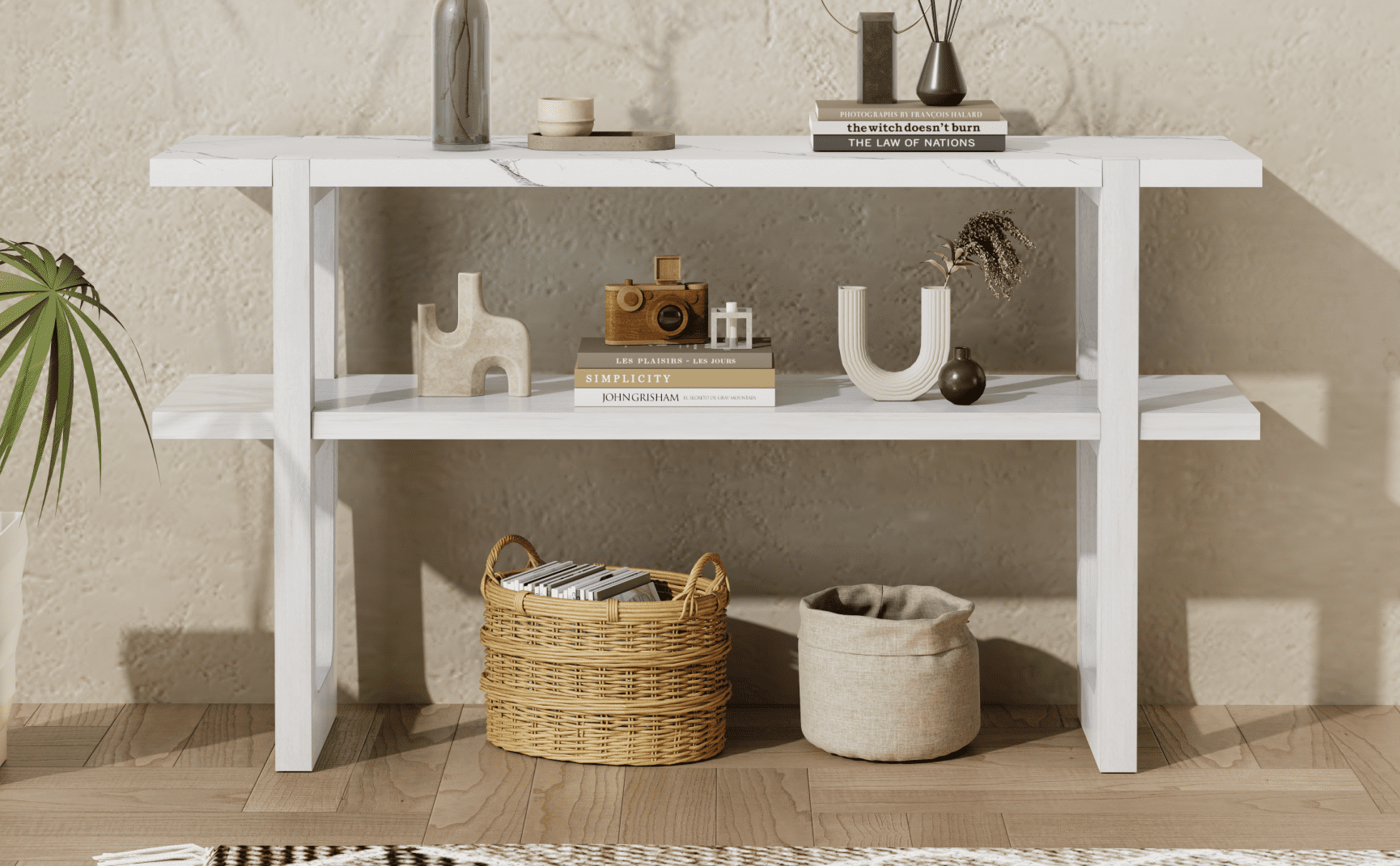 Console Table, Sofa Table with Marble-Effect Top and 2 Shelves, Side ...