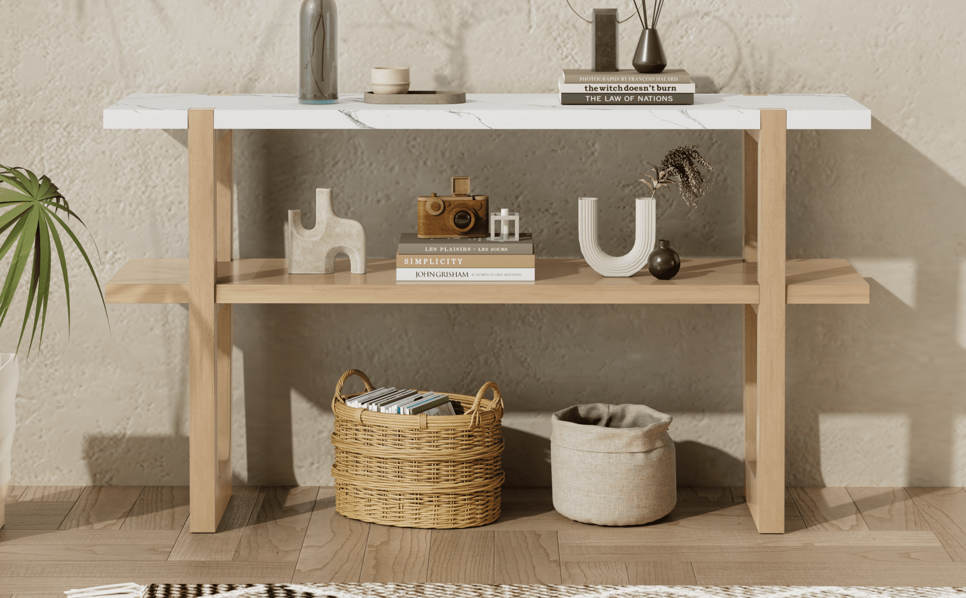 Console Table, Sofa Table with Marble-Effect Top and 2 Shelves, Side ...