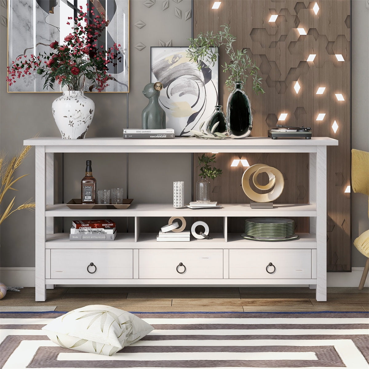 Console Table, Solid Wood Sofa Table with Double-layer Table Top and 3 ...