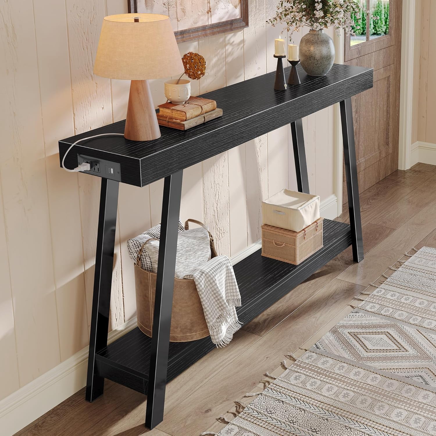 Console Table with Station, -C Port, 2 Tiers Entryway Table, 53.9 Inch ...