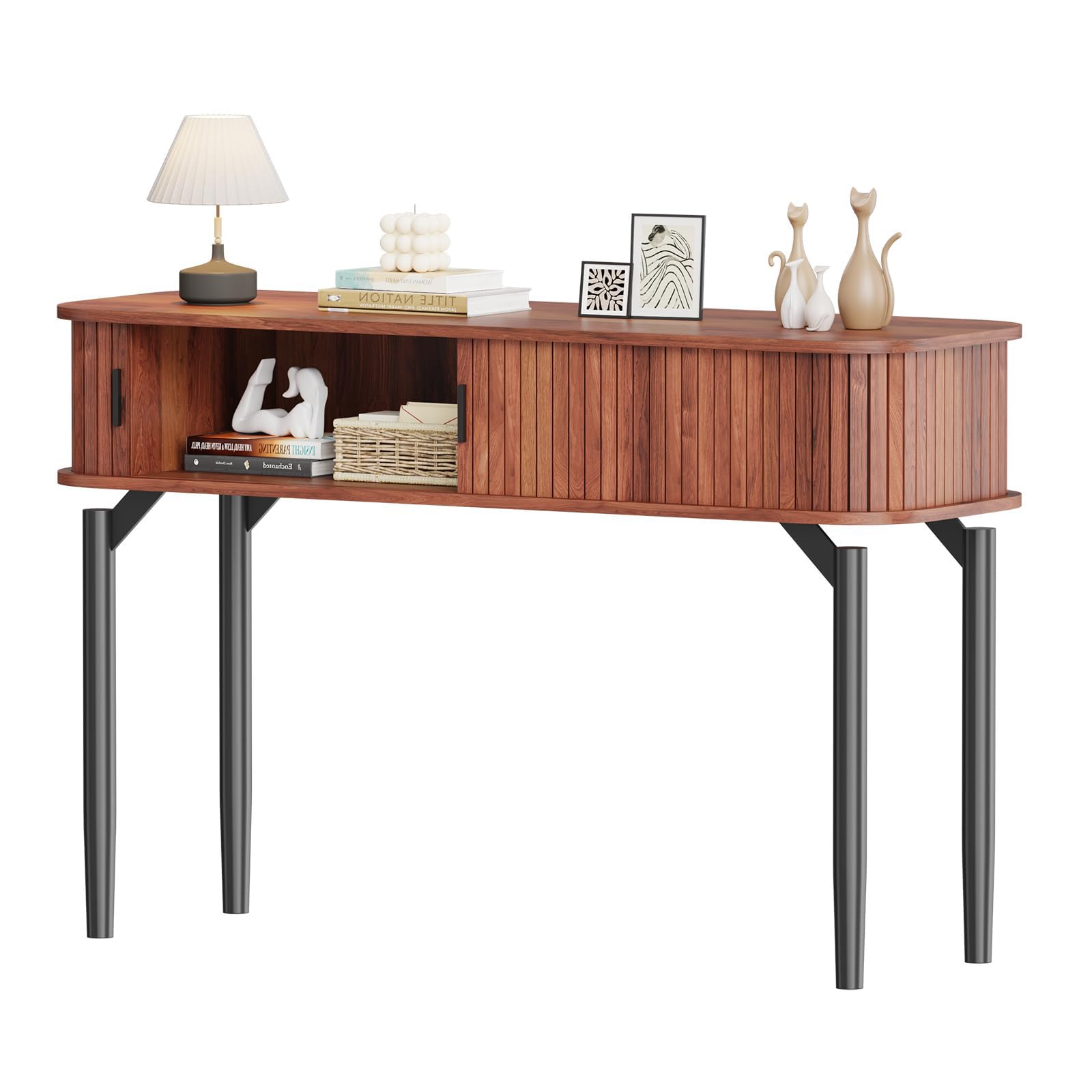 Console Table with Storage,47'Wood Sofa Table with Fluted Sliding Door ...
