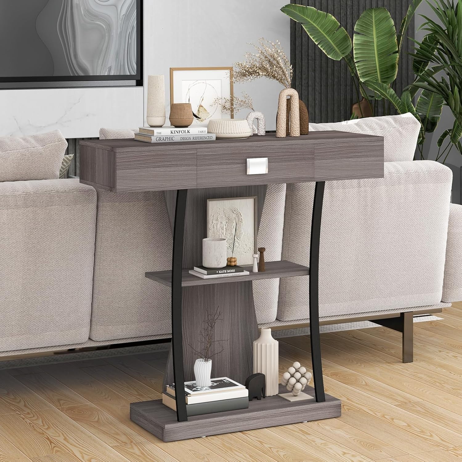 Console Table with Storage Drawer & Shelves, 3-Tier Narrow Sofa Table ...