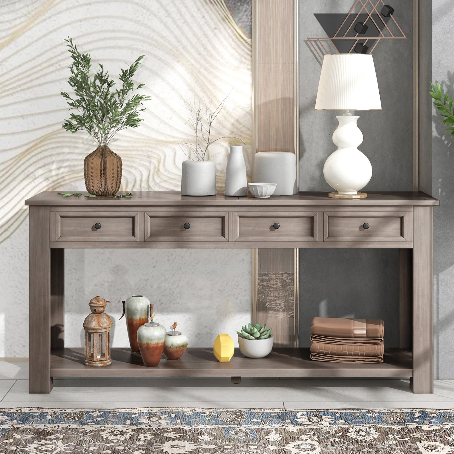 Console Table with Storage Drawers and Bottom Shelf, Modern Rectangular ...