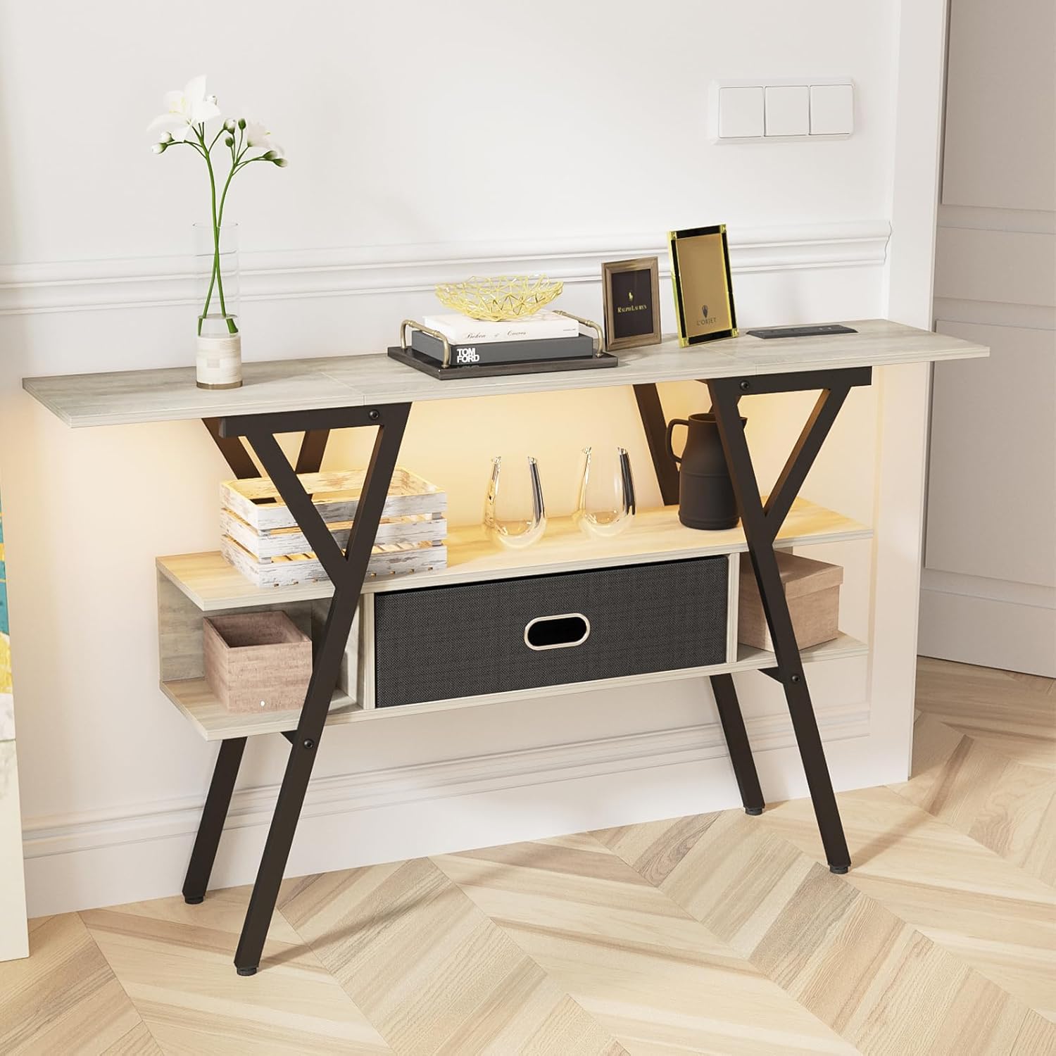 Console Table with Storage Entryway Table 3 Tier Shelves Charging ...