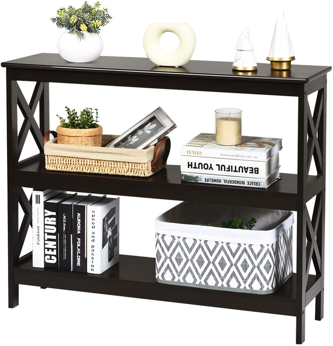 Console Table with Storage Shelves and X-Shape-Design Bookshelf Narrow ...