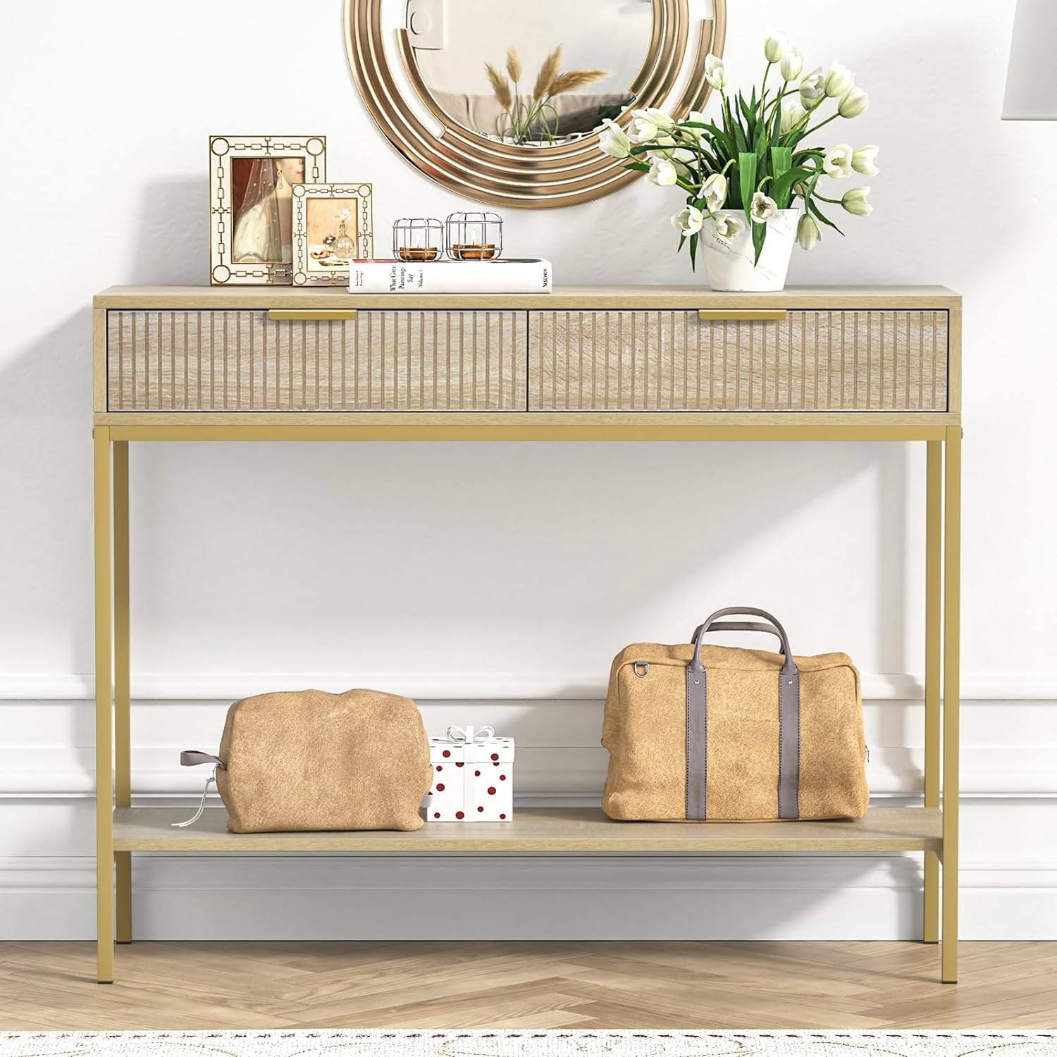 Console Table with Storage, Wood Entryway Table with 2 Drawers, Narrow ...