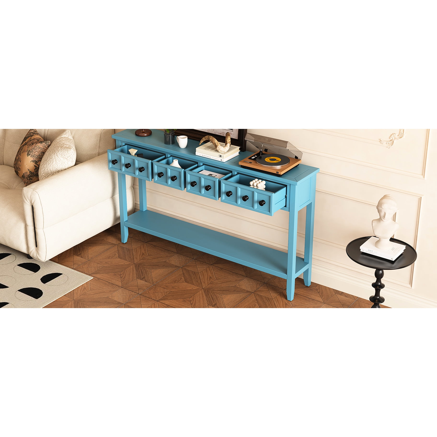 Console Table In Turquoise , 60" Length, Solid Wood With Drawers And ...