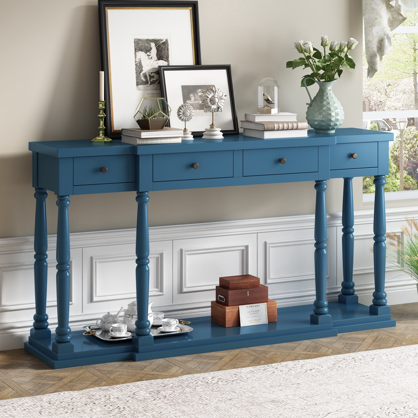 Console Table, Vintage Side Table with 4 Front Facing Storage Drawers ...