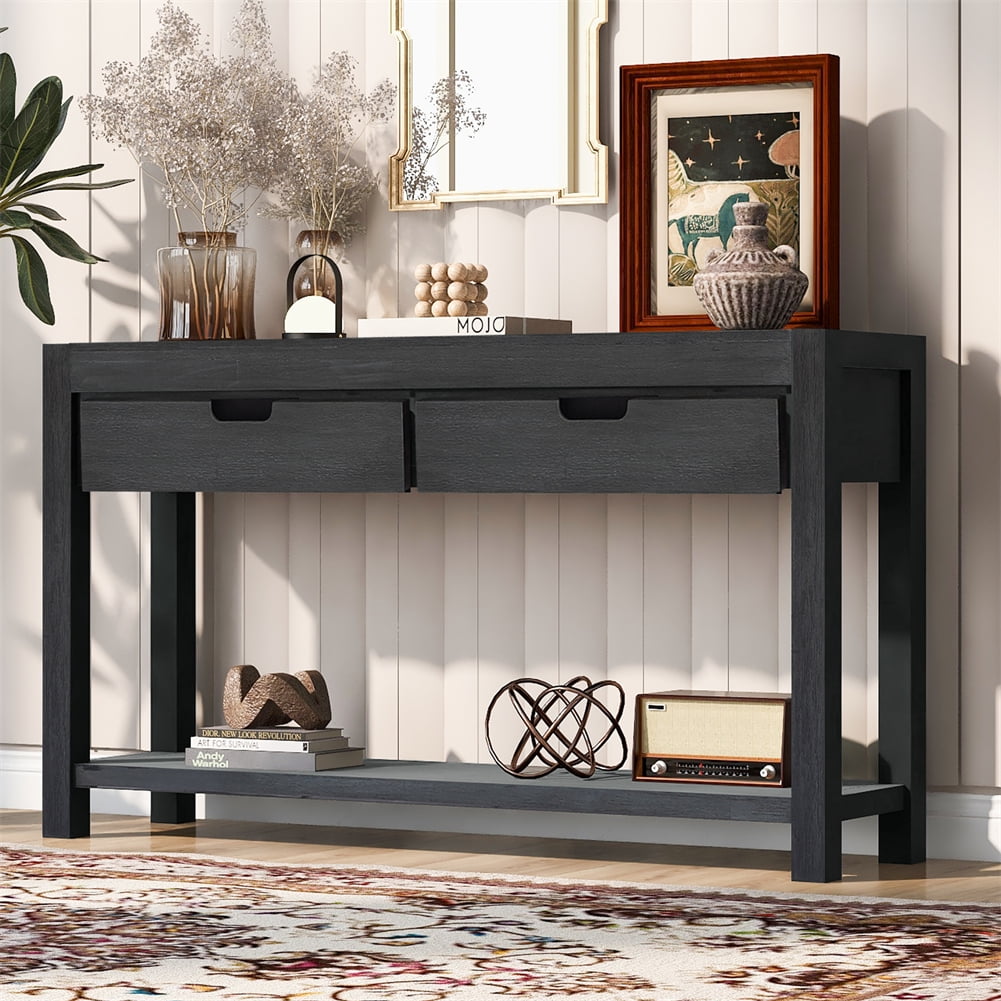 Console Table With 2 Drawers, Open Storage Shelf, 2-Tier Wood Entryway ...
