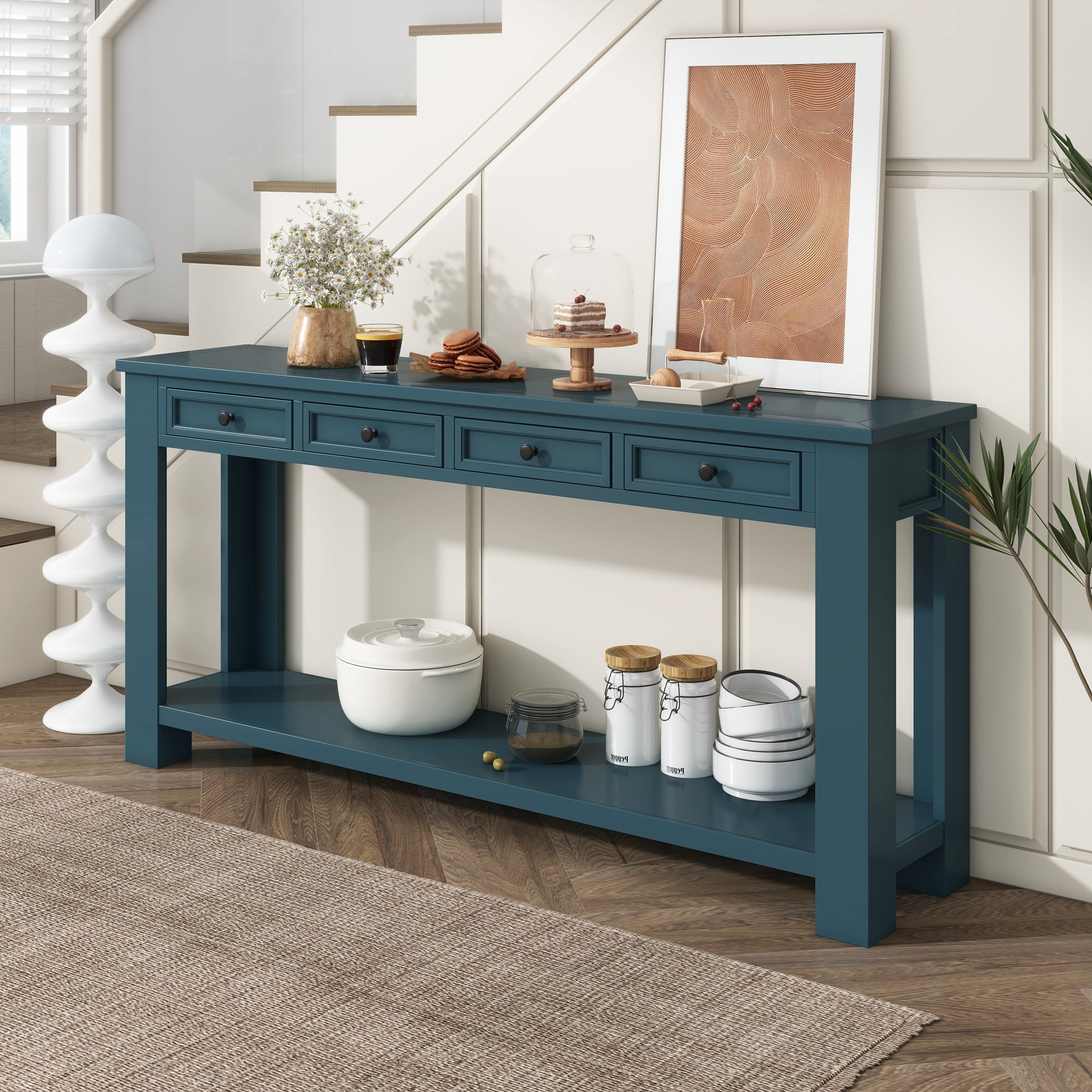 Console Table With 4 Drawers Open Shelves Solid Wood Frame And Legs ...
