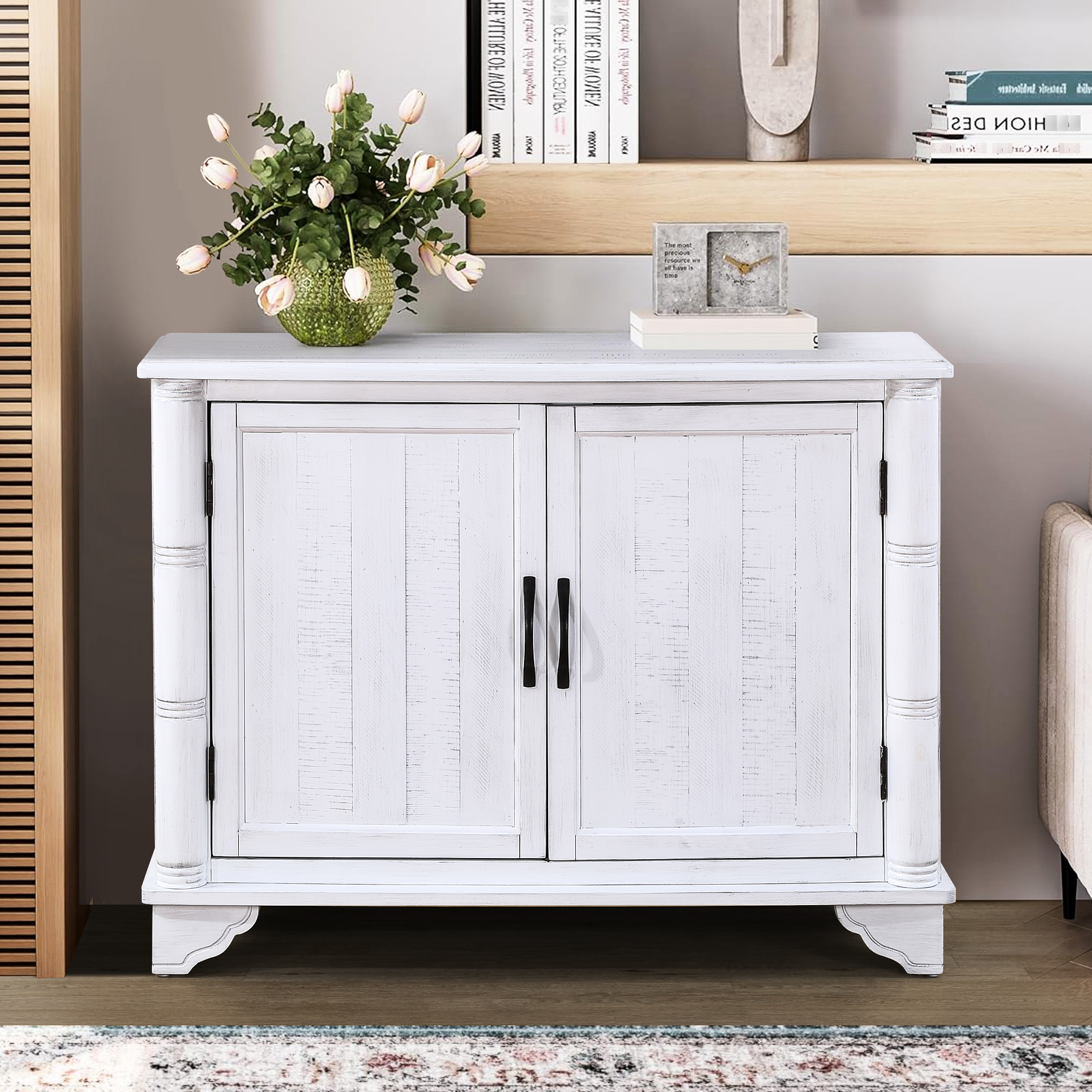 Console Table With Zinc Alloy Handles, Antique White Finish Retro ...