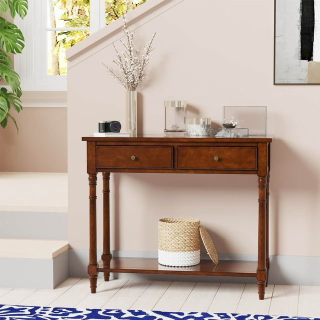 Console Table with 2 Drawers and Open Shelf, American solid wood sofa table, Sofa Table Narrow ...