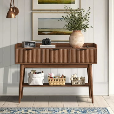PHOYAL Fluted Natural Console Table with 3 Drawers, Entryway Table with ...