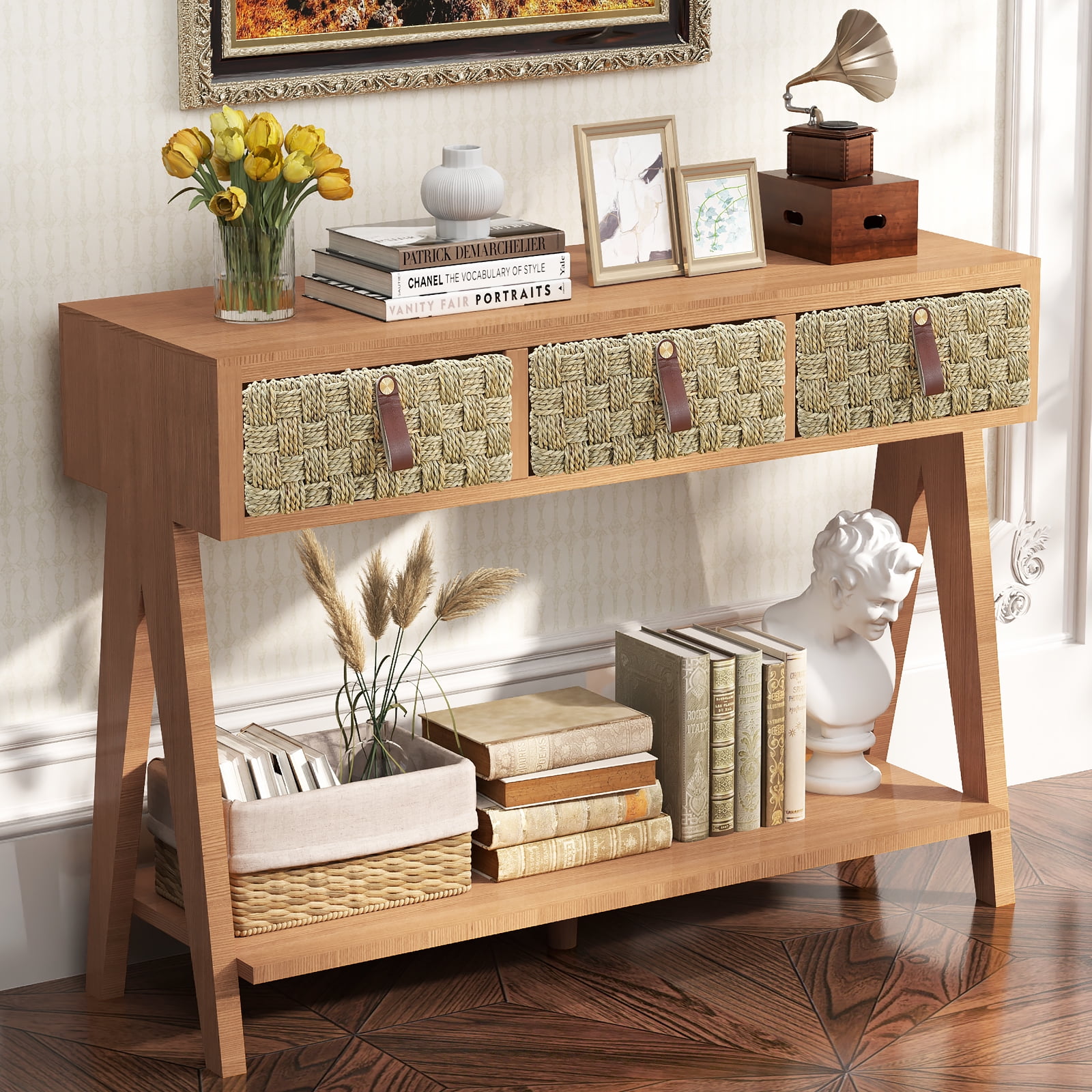 Console Table with 3 Drawers,Rattan Entryway Table Hallway Table with ...