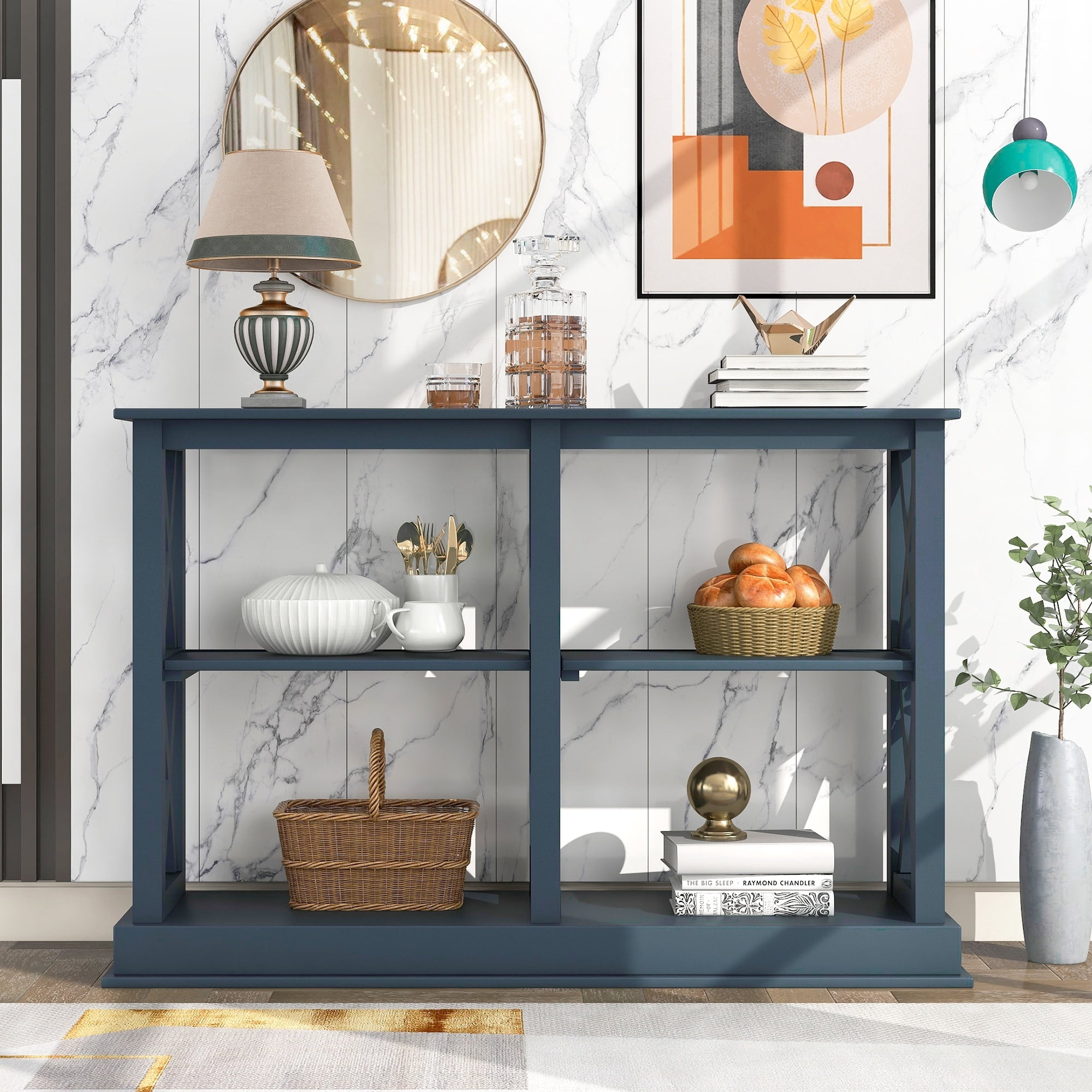 Console Table with 3-Tier Open Storage Spaces Navy - Walmart.com