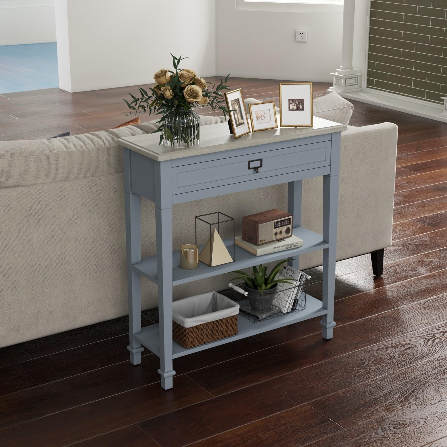 Console Table with Drawer, Wooden Narrow Sofa Table with Storage ...
