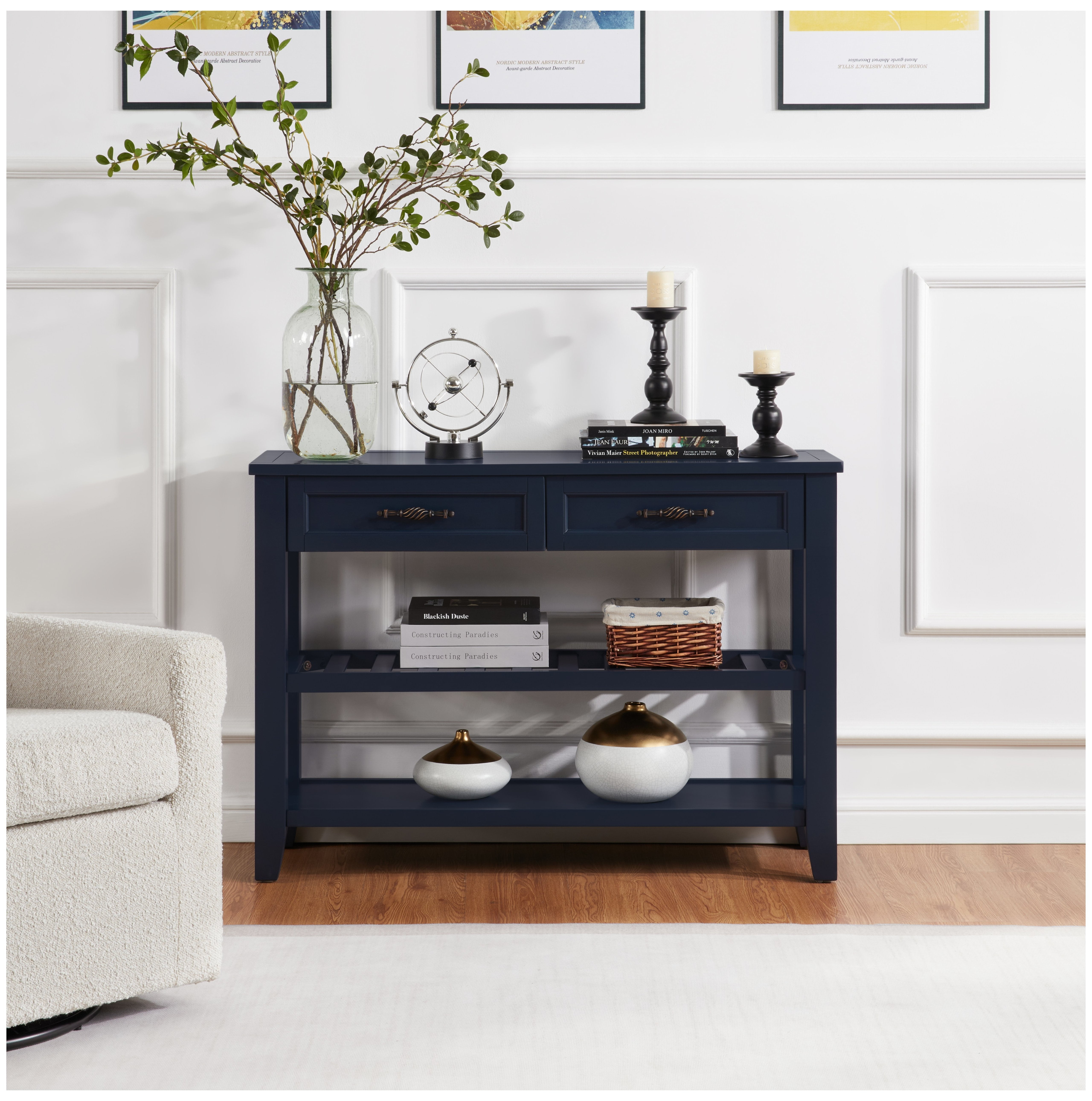 Console Table with Drawers, 42" Pine Wood Sofa Table with Shelves ...