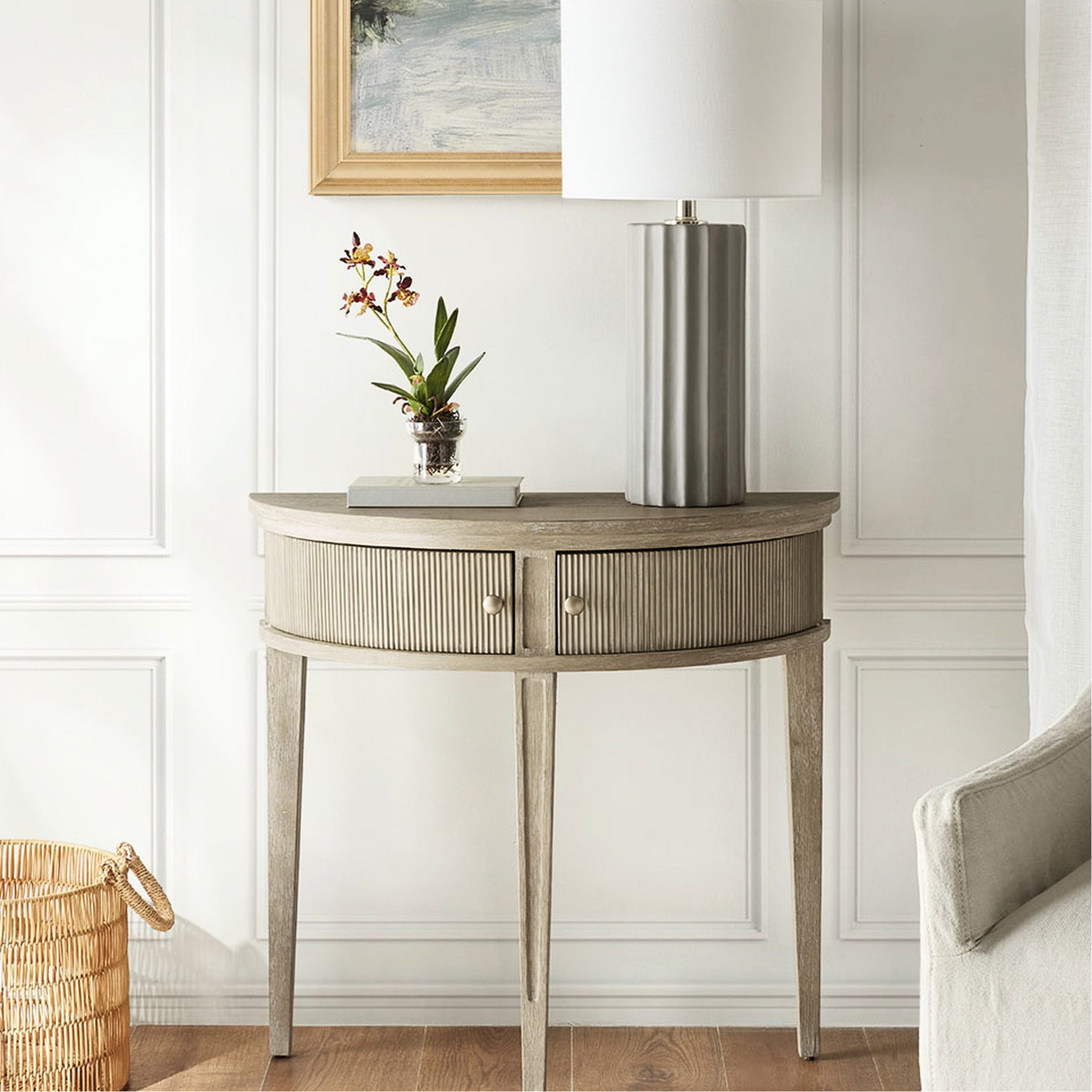 Console Table with Reclaimed Wood Top+Fluted Door Design"-"Entryway Furnishing/Decorative ...