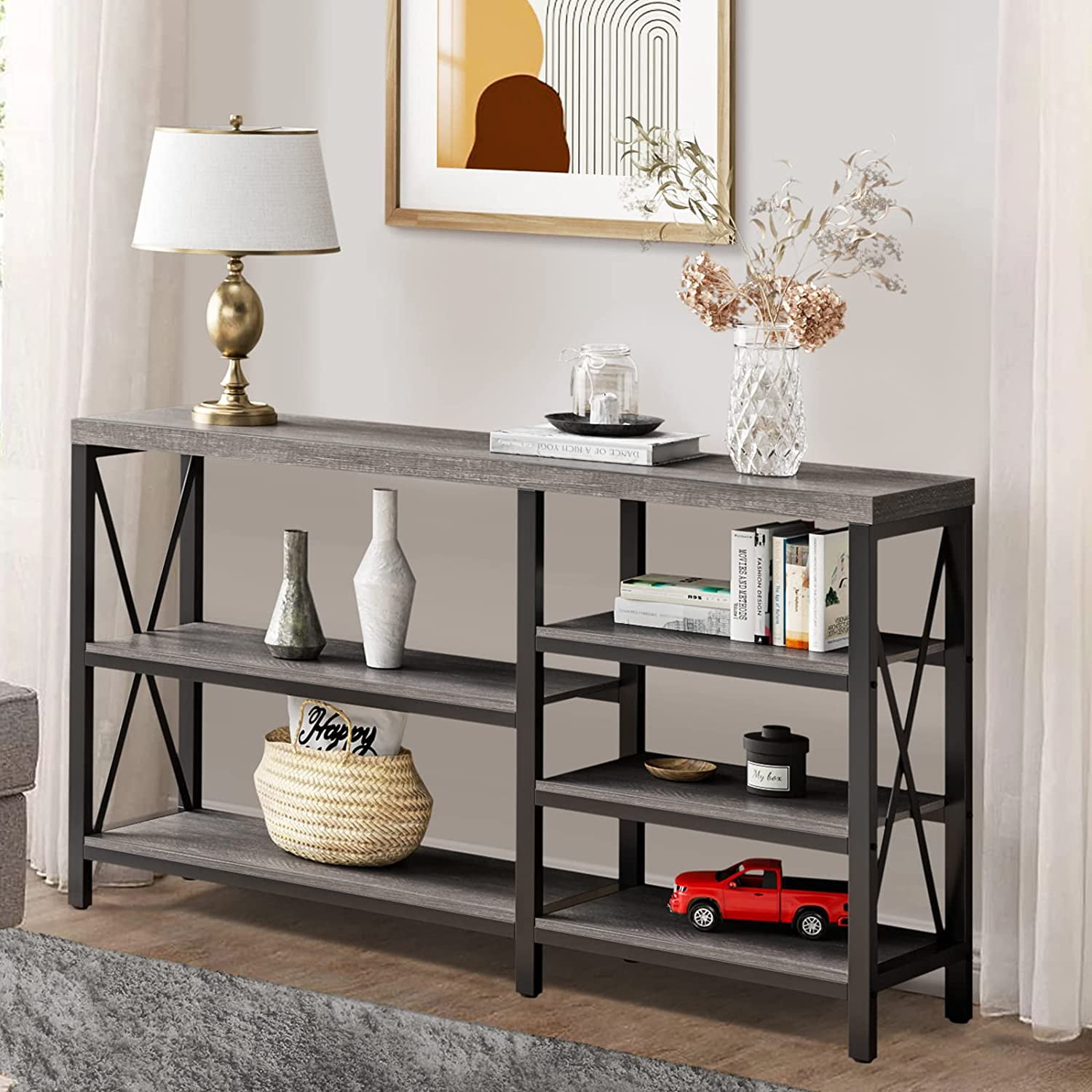 Console Table with Storage Shelves, 40"L Industrial Narrow Sofa ...