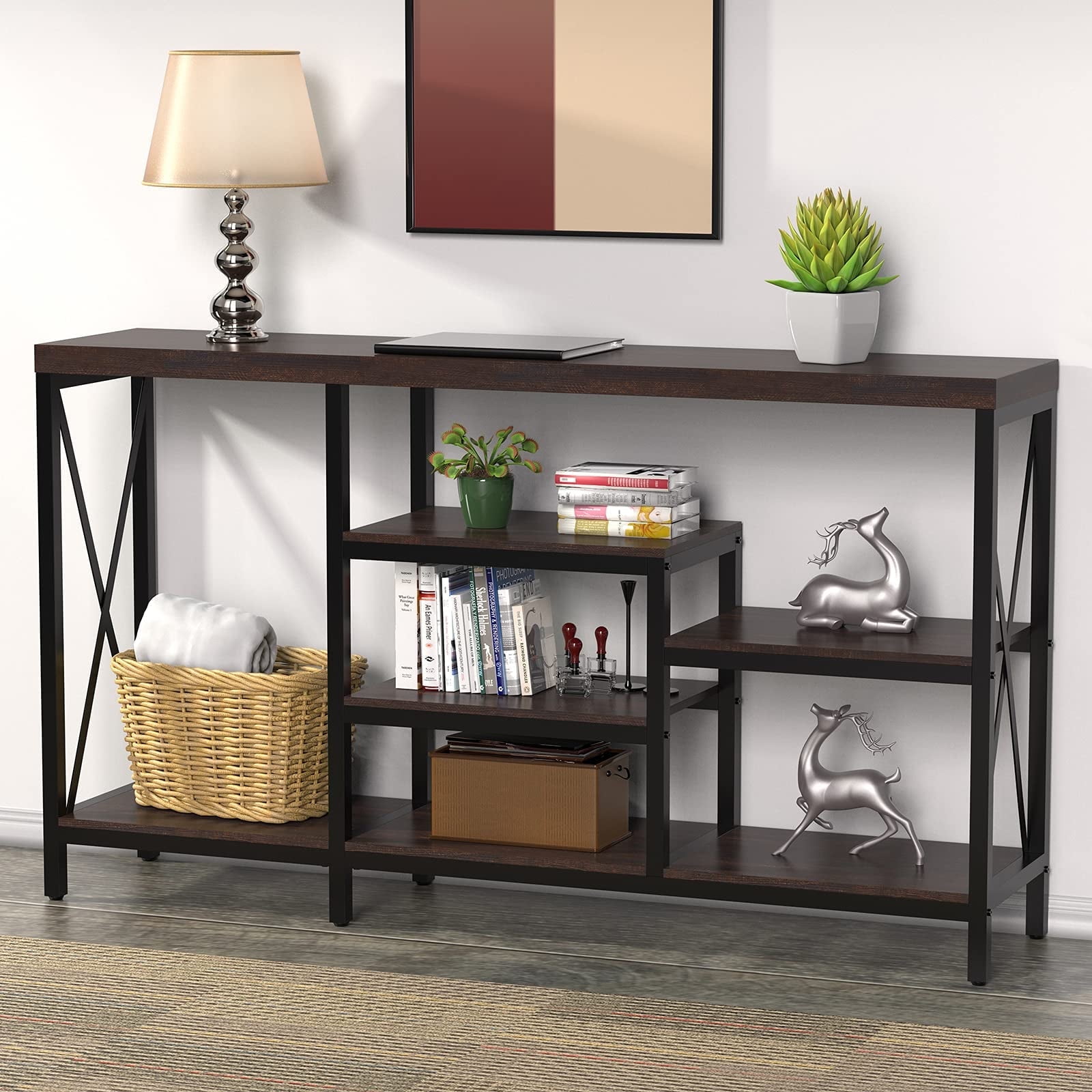 Console Table with Storage Shelves, 55"L Modern Farmhouse Hallway Table ...