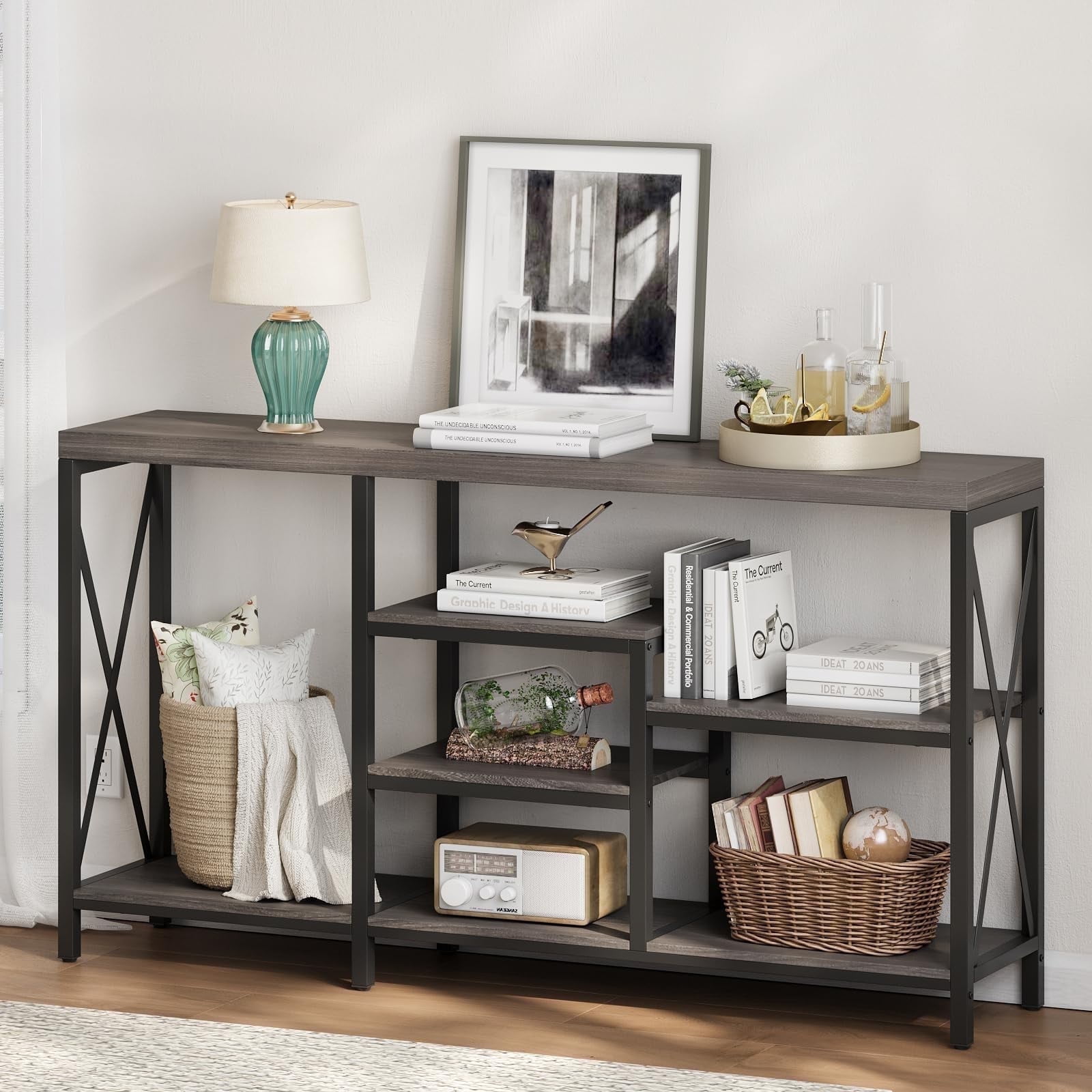 Console Table with Storage Shelves, 55"L Modern Farmhouse Hallway Table ...