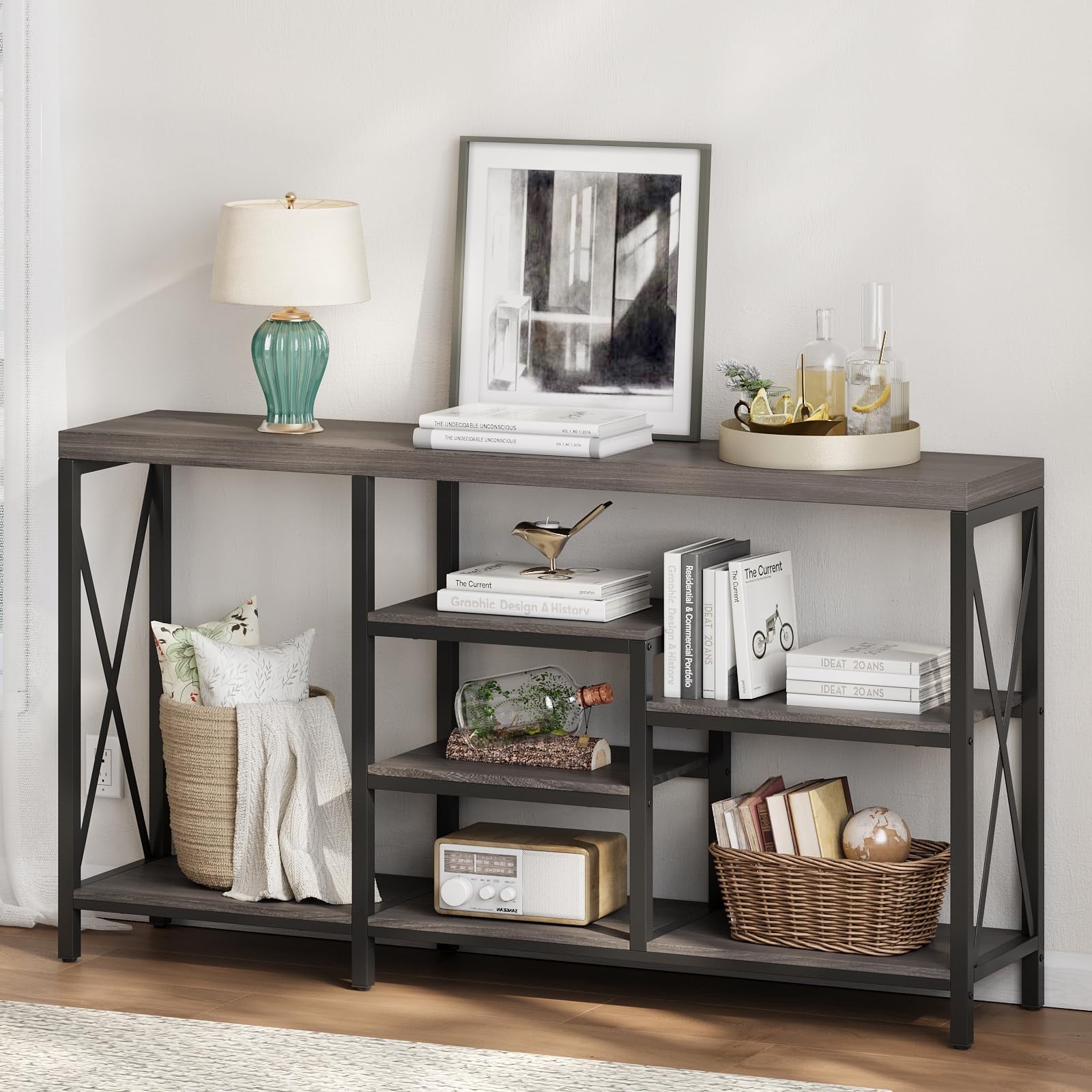 Console Table with Storage Shelves, 55"L Modern Farmhouse Hallway Table ...