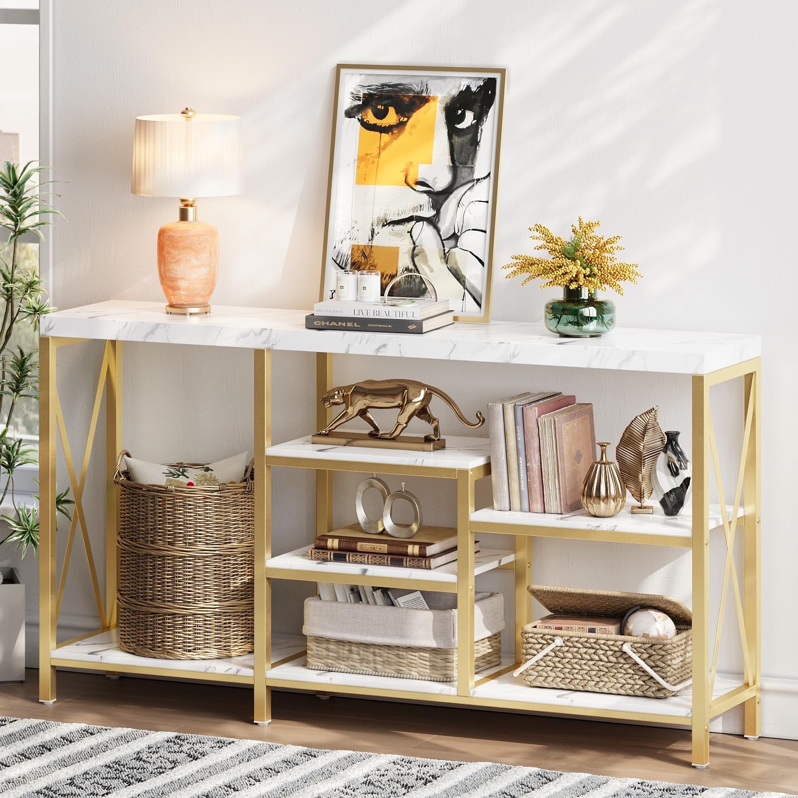 Console Table with Storage Shelves, 55L Modern Farmhouse Hallway Table ...