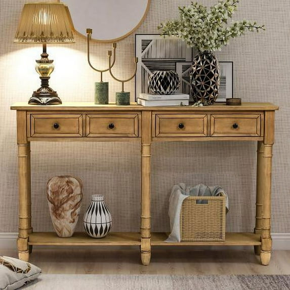 Console Table with Two Drawers and Bottom Shelf, Sofa Table Traditional ...