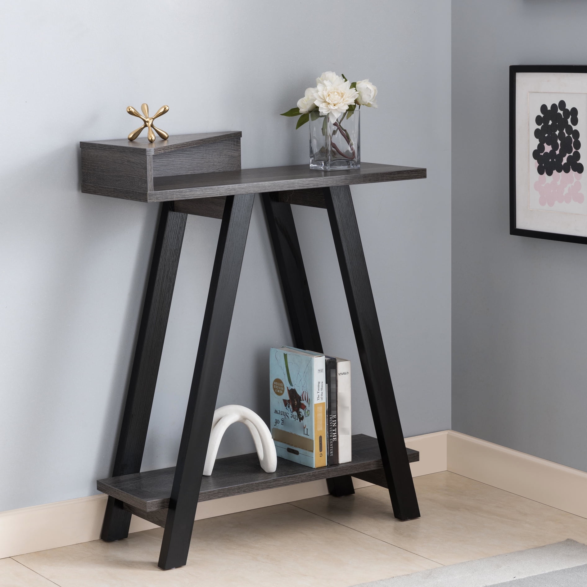 Console Table with Two Shelves and A - shaped Legs Grey Main Color for ...