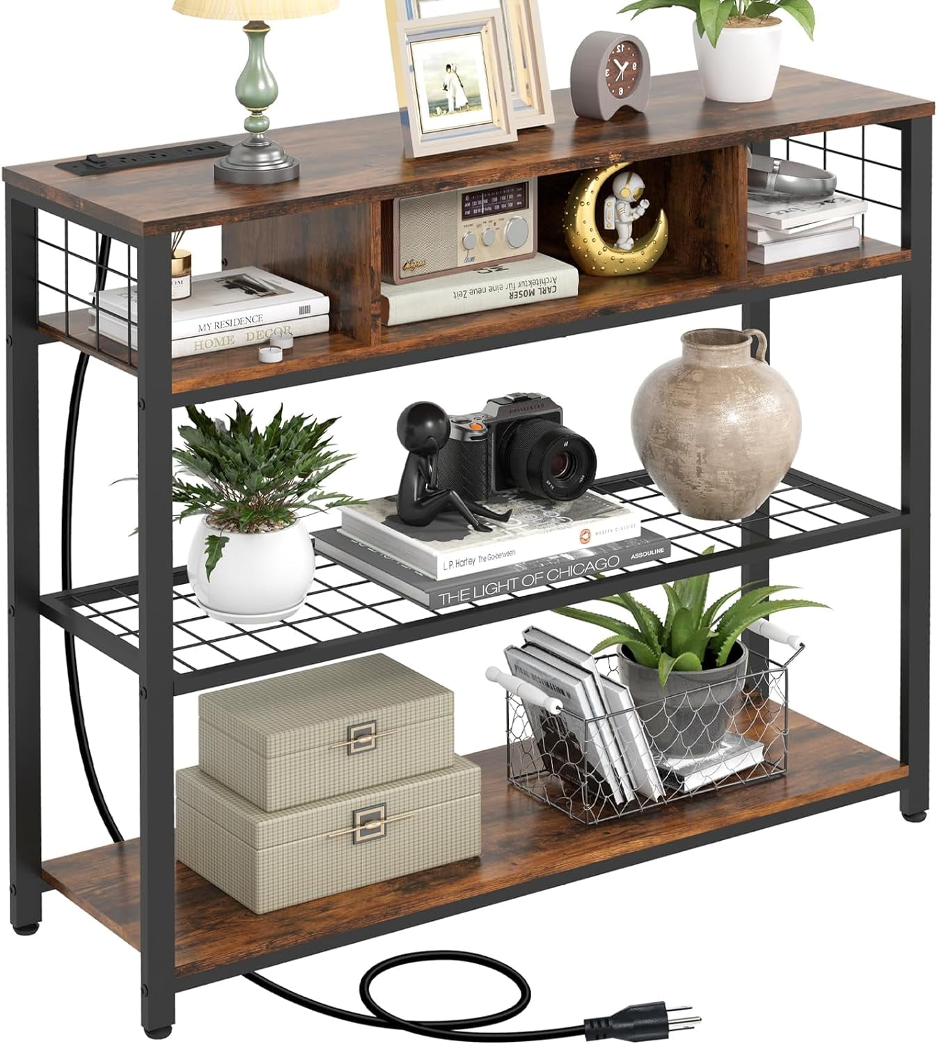 Console Tables with Charging Station, 4 Tier Narrow Sofa Tables with ...