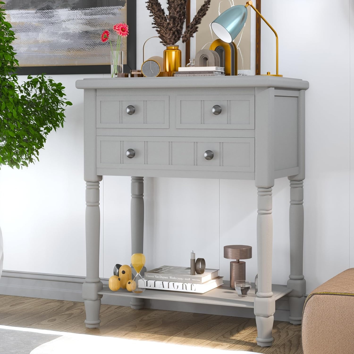 Console Tables for Living Room - Solid Wood Gray Wash 26” Entryway ...
