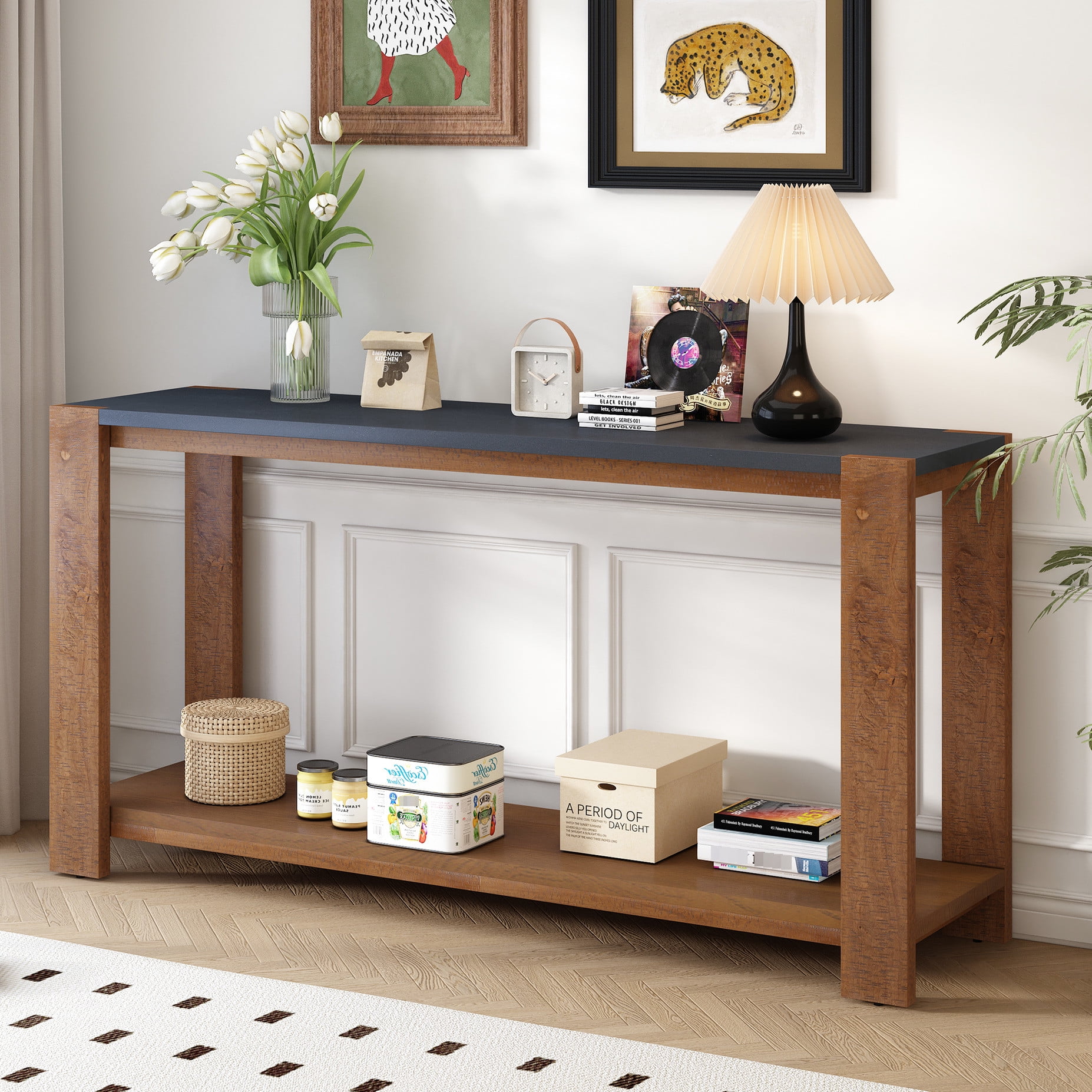 Console table with four legs and bottom shelf for various residential ...
