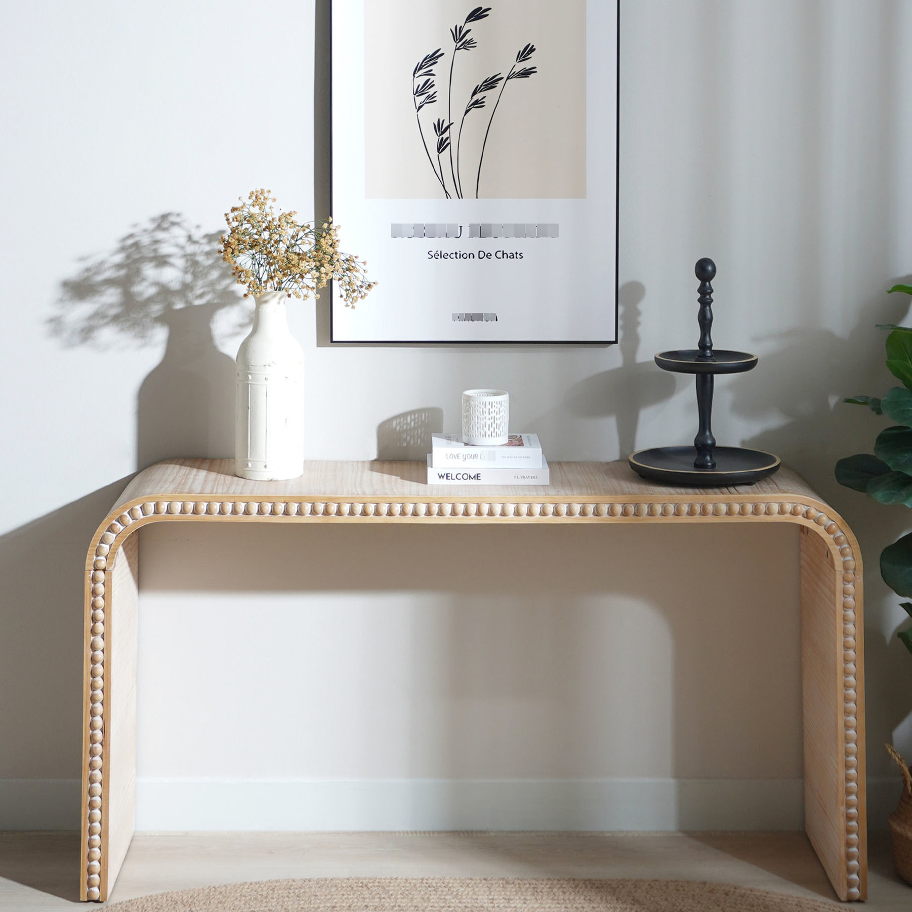 Console table with natural wood finish, beaded design, and 59in size ...