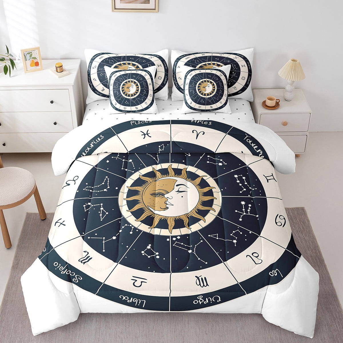 Constellation Bed in a Bag Queen Comforter Set 7 Piece,Sun And Moon Bedding Sets Exotic Zodiac ...