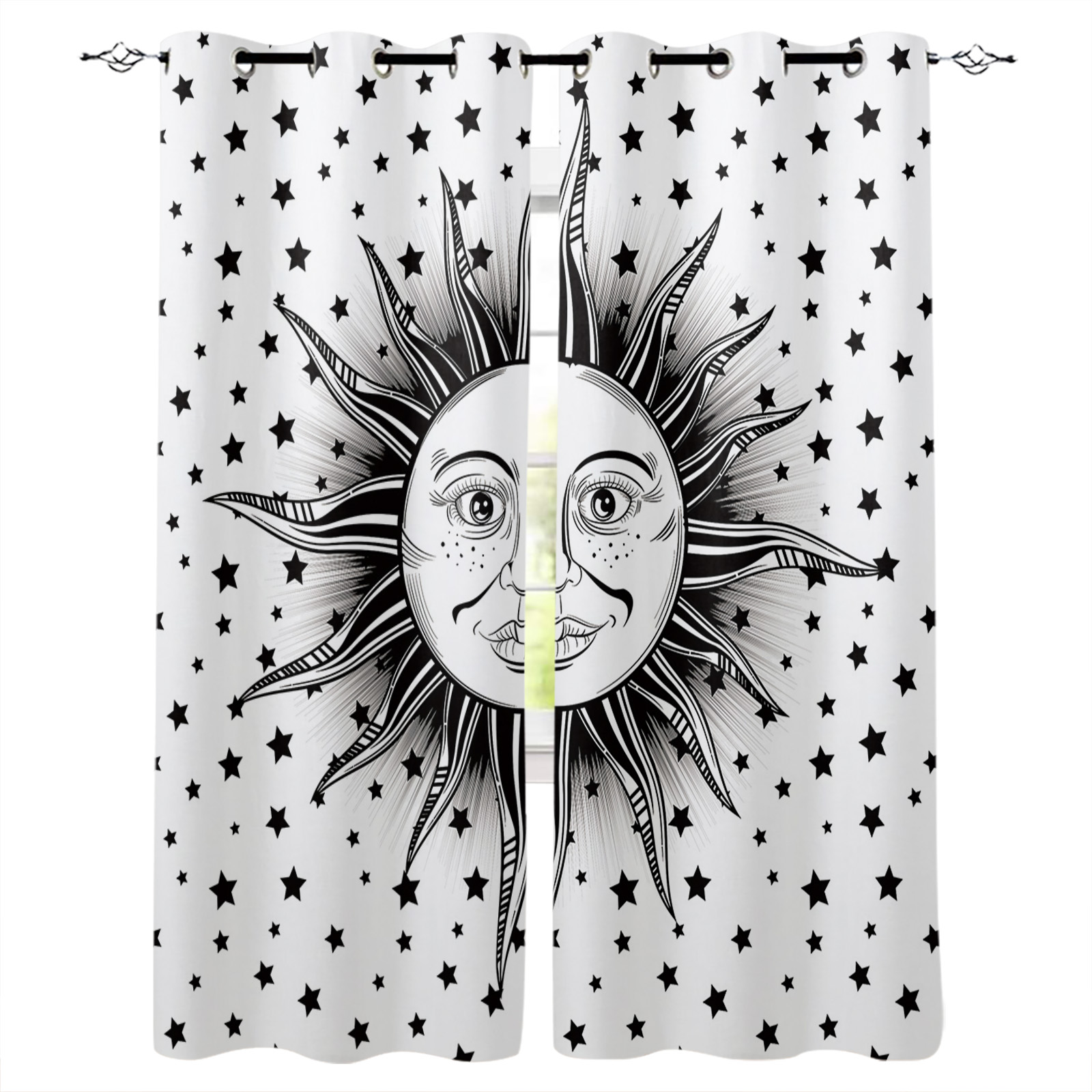 Constellations Sun Moon Blue Line Curtains for Bedroom Window Curtain ...