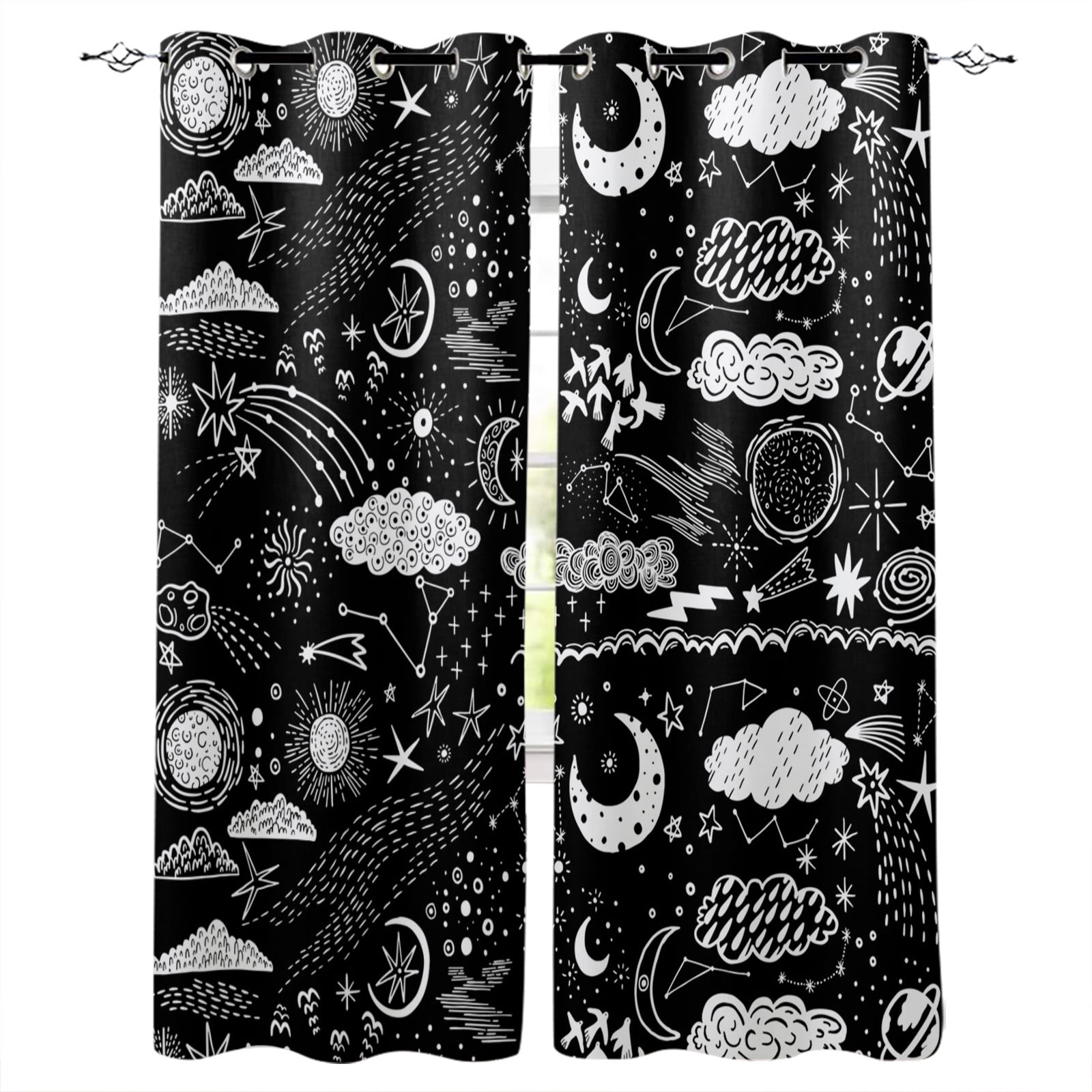 Constellations Sun Moon Blue Line Curtains for Bedroom Window Curtain ...