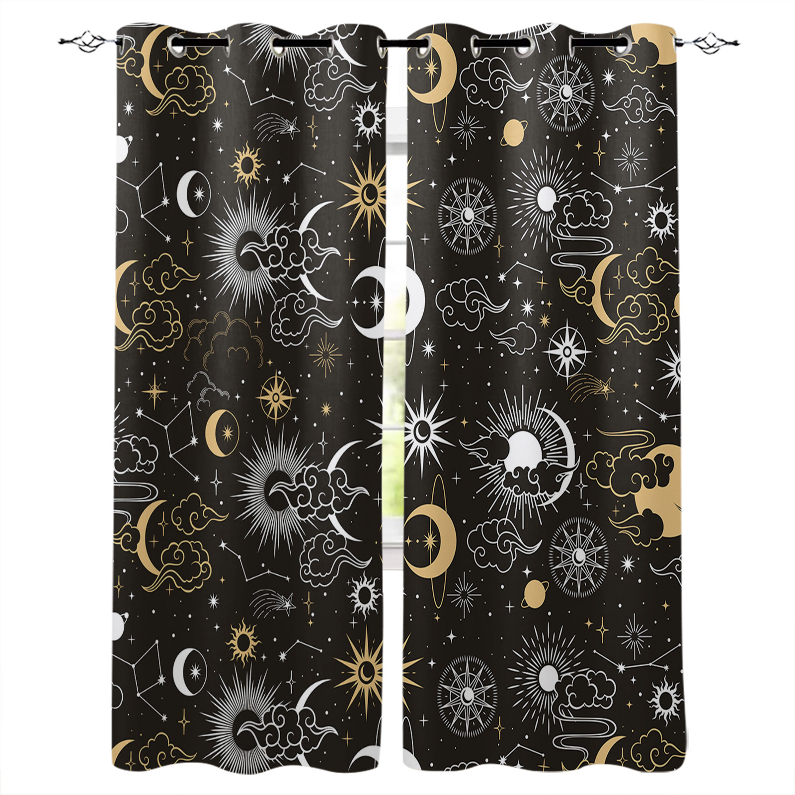Constellations Sun Moon Blue Line Curtains for Bedroom Window Curtain ...