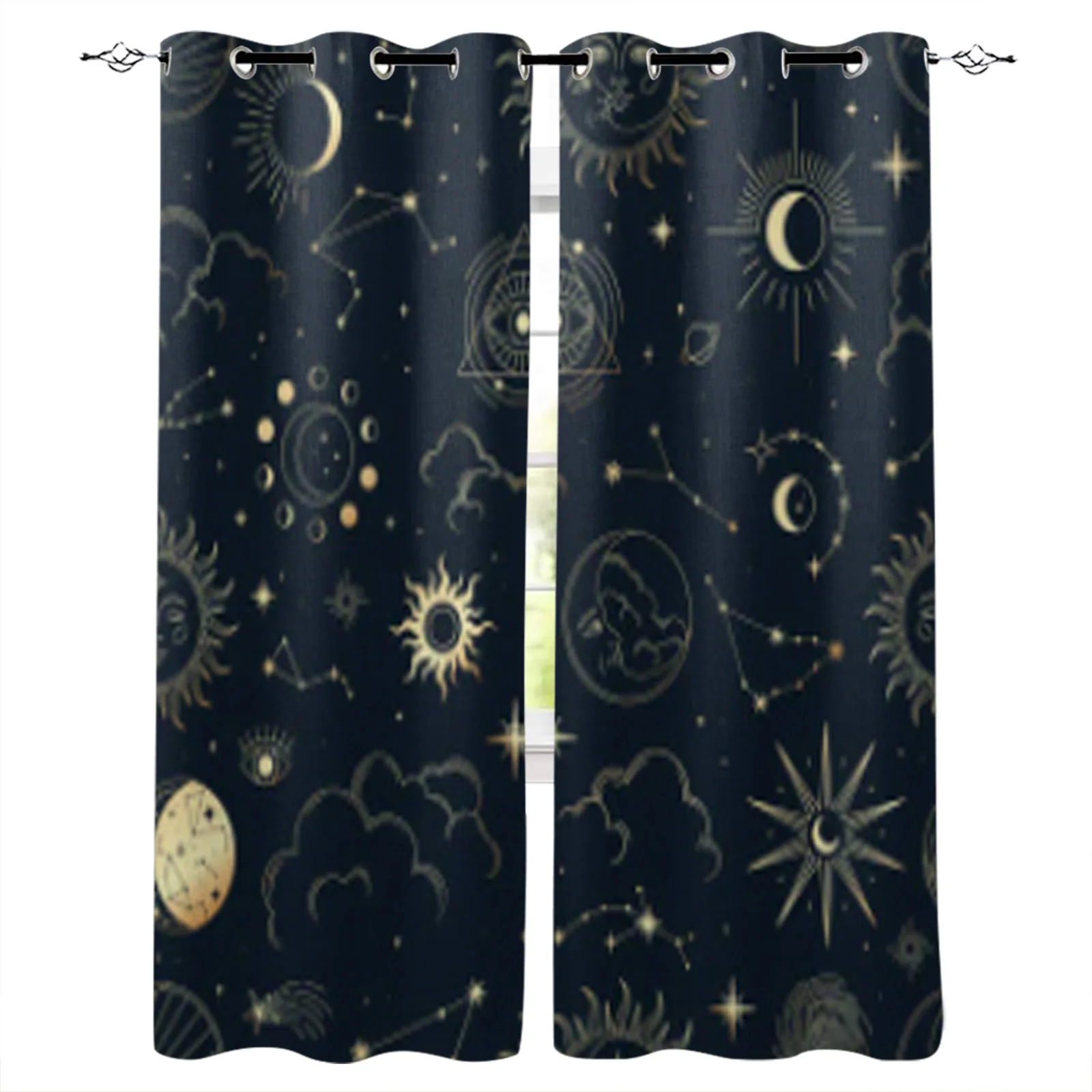 Constellations Sun Moon Blue Line Curtains for Bedroom Window Curtain ...