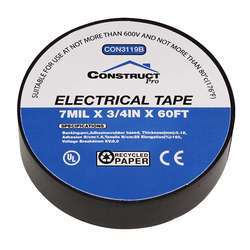 Construct Pro UL-Listed Electrical Tape (3/4in x 60ft, Black Rubber ...