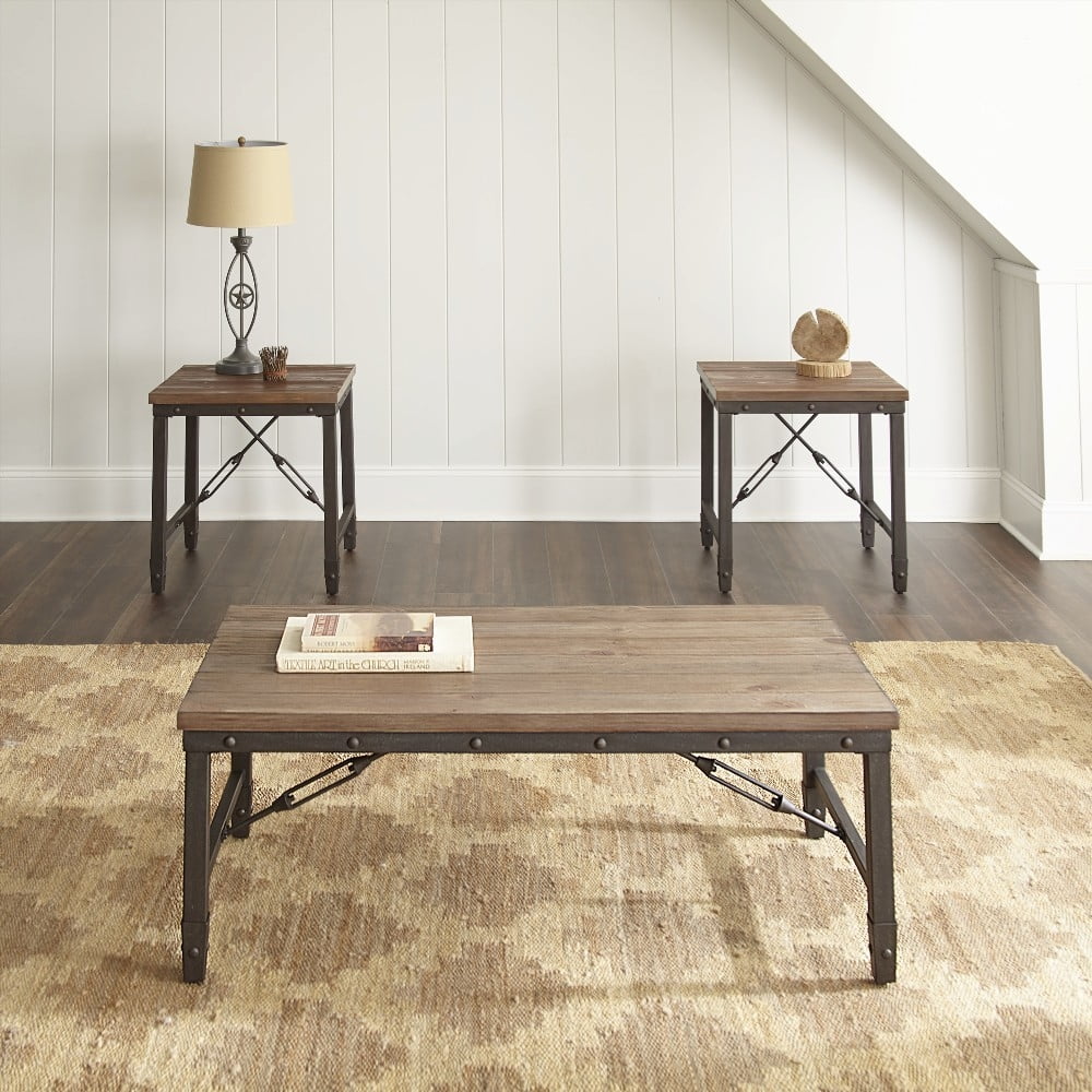 Constructed of pine veneers & iron base - 3 Pieces Occasional Table Set ...