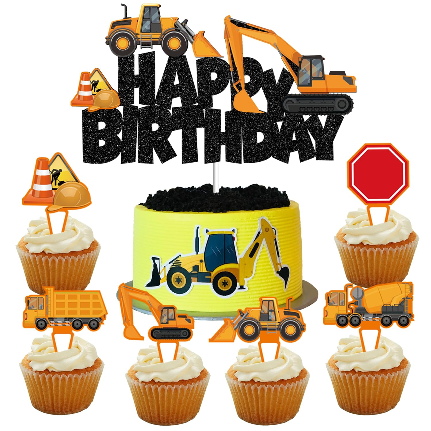 Construction Cake & Cupcake Topper, Glitter Excavator Tower Crane Truck ...