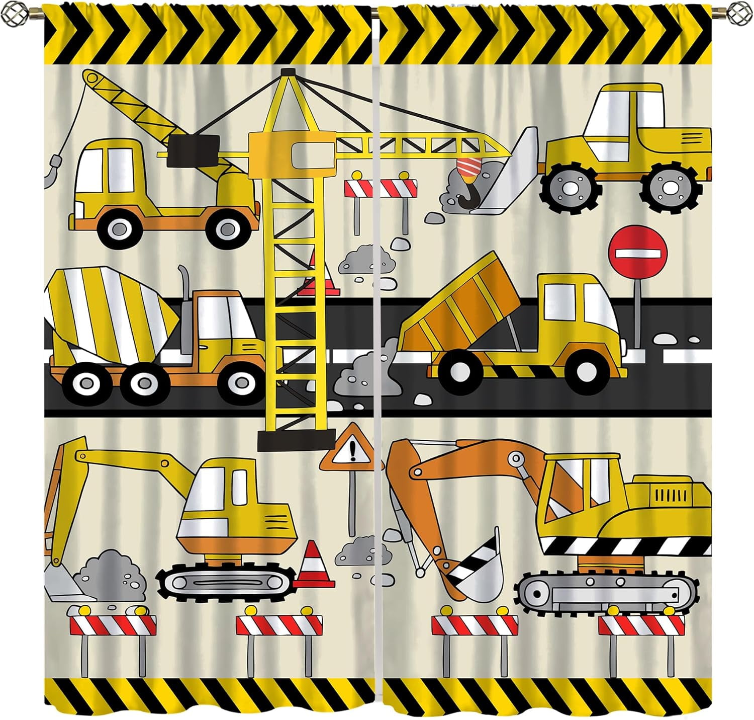 Construction Car Blackout Curtains for Boy Girl Room, Yellow Cartoon ...