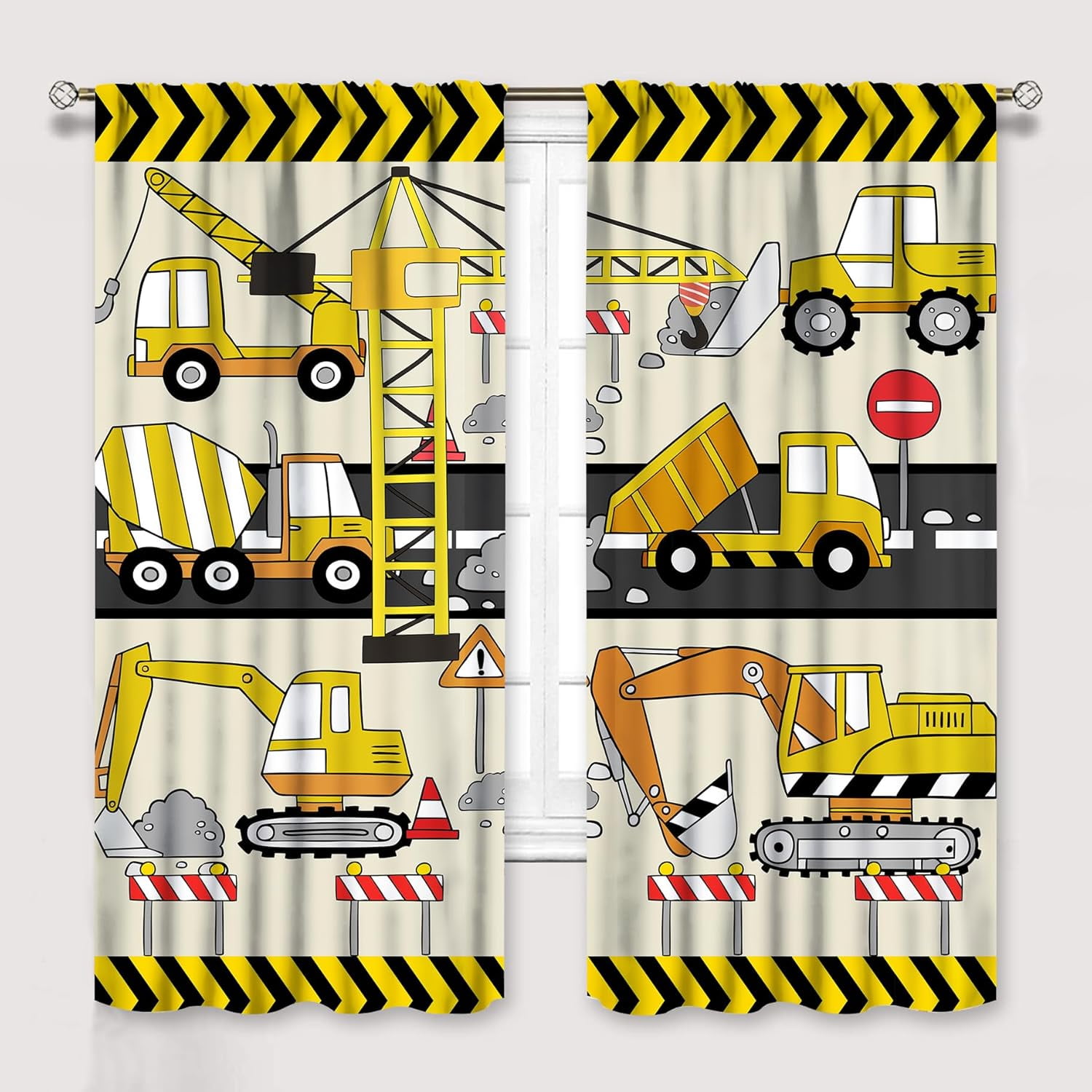 Construction Car Blackout Curtains for Boy Girl Room, Yellow Cartoon ...
